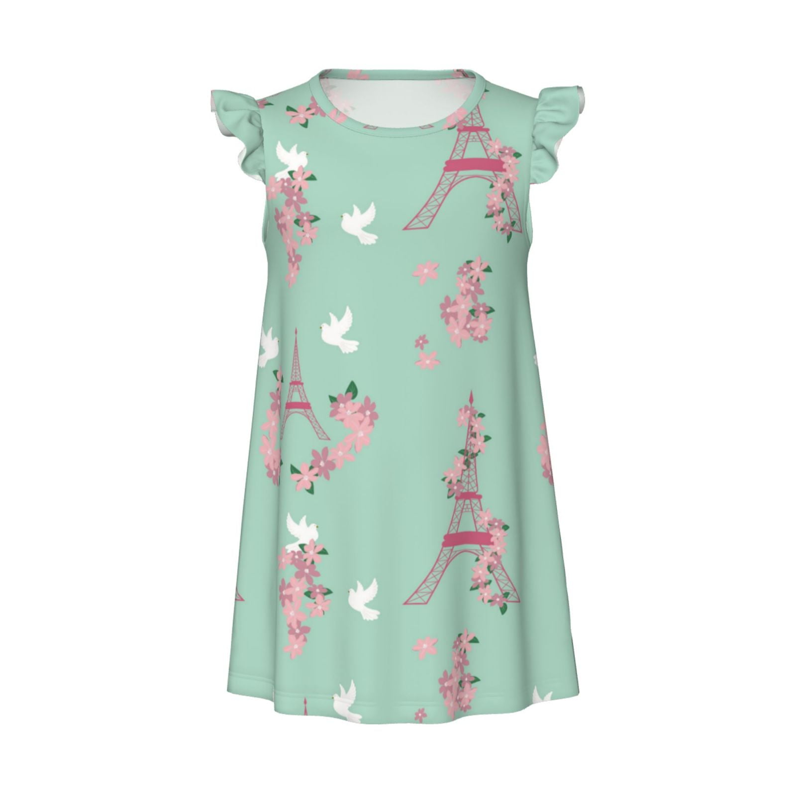 Eiffel Tower Pigeon Girls Nightgown, Flutter Short Sleeves Night Dress ...