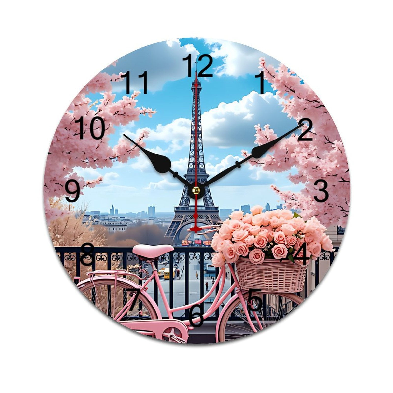 Eiffel Tower Pink Bicycle Printed Silent Wall Clock Round Kitchen Clock Chic Quiet Desk Clock ...