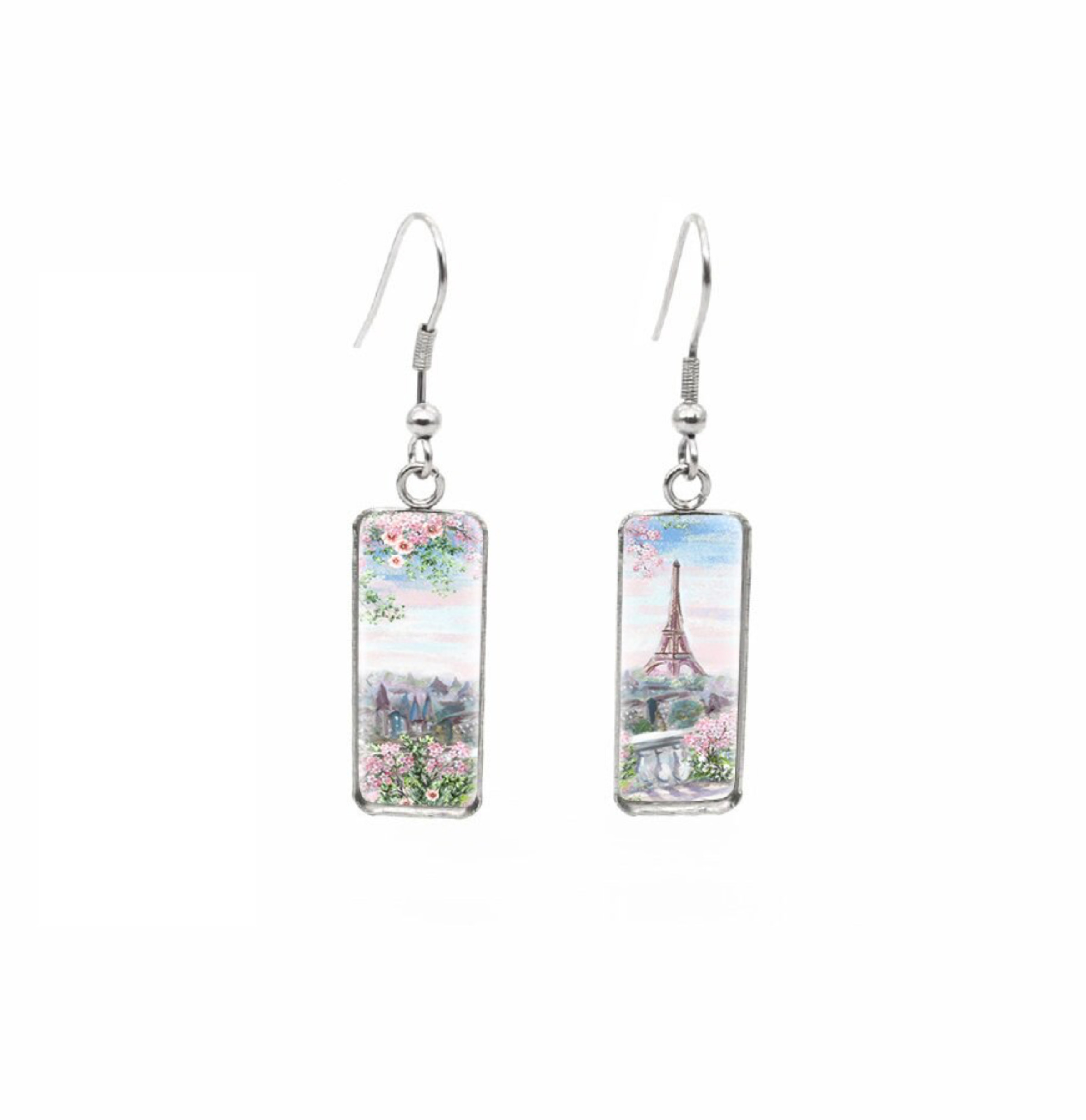 Eiffel Tower Pink Blossoms Rectangular Drop Earrings - Walmart.com