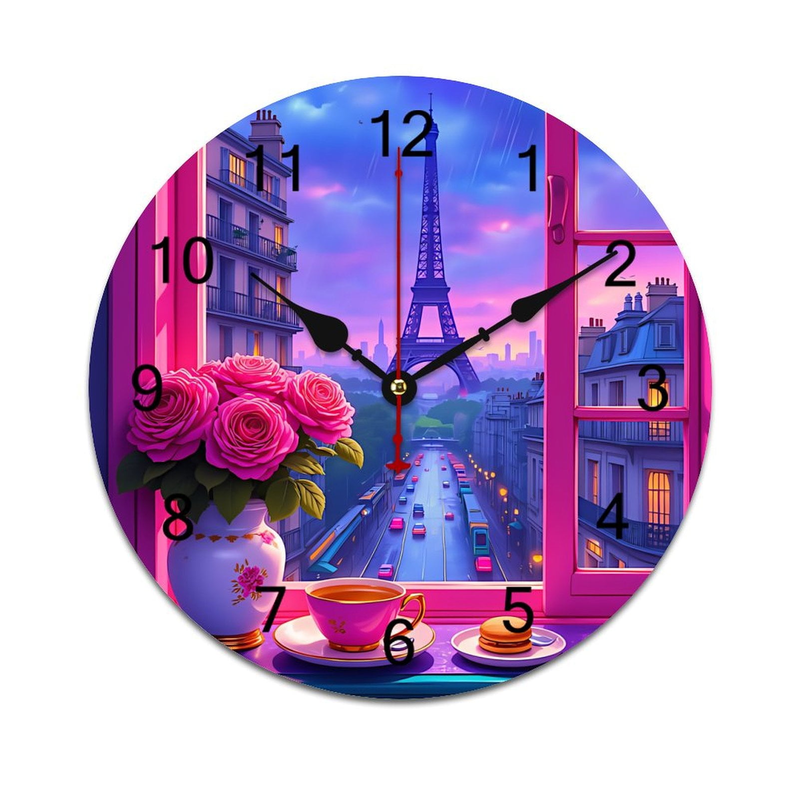 Eiffel Tower Pink Cherry Blossom Trees And Butterflies Printed Silent Wall Clock Round Kitchen ...