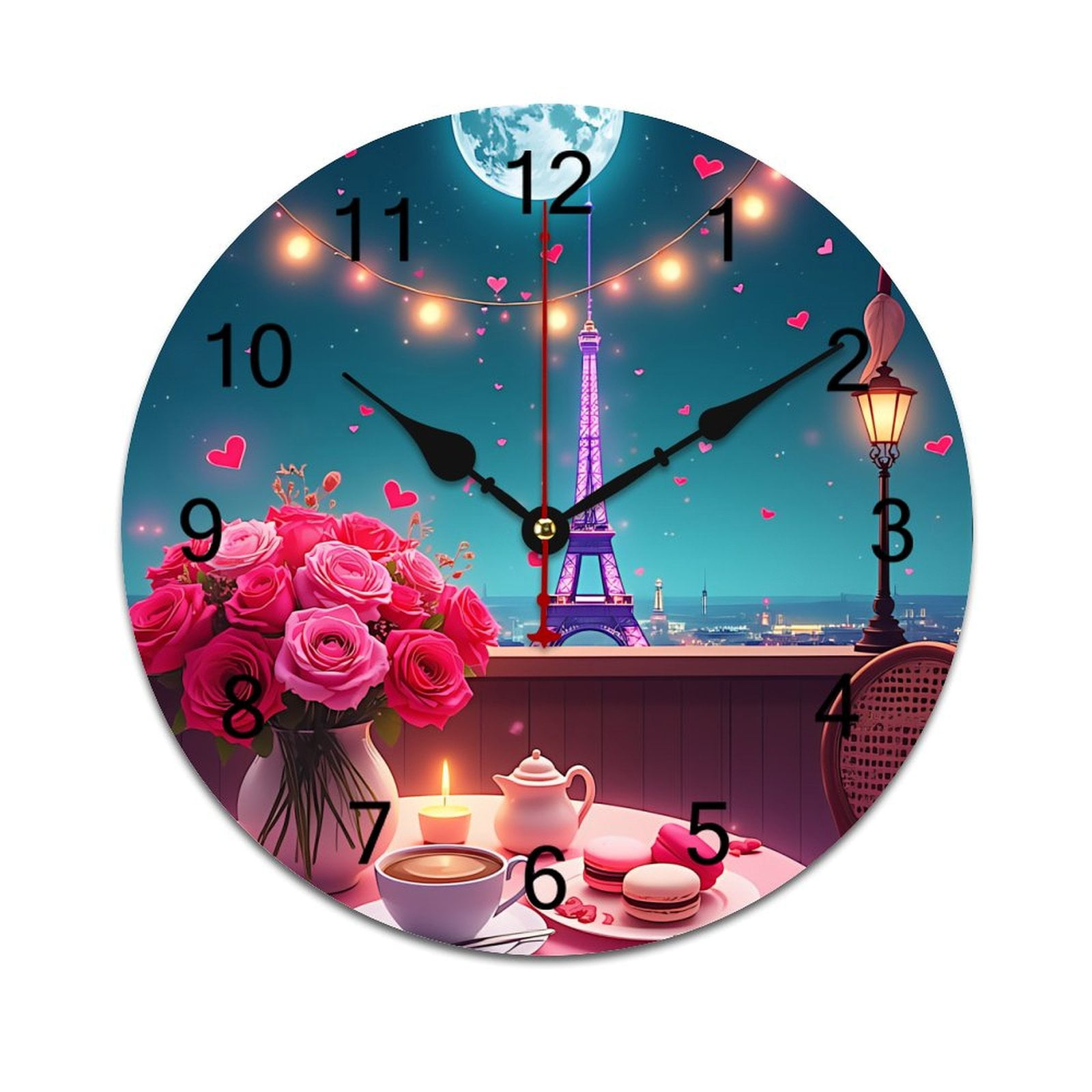 Eiffel Tower Pink Cherry Blossom Trees And Butterflies Printed Silent Wall Clock Round Kitchen ...