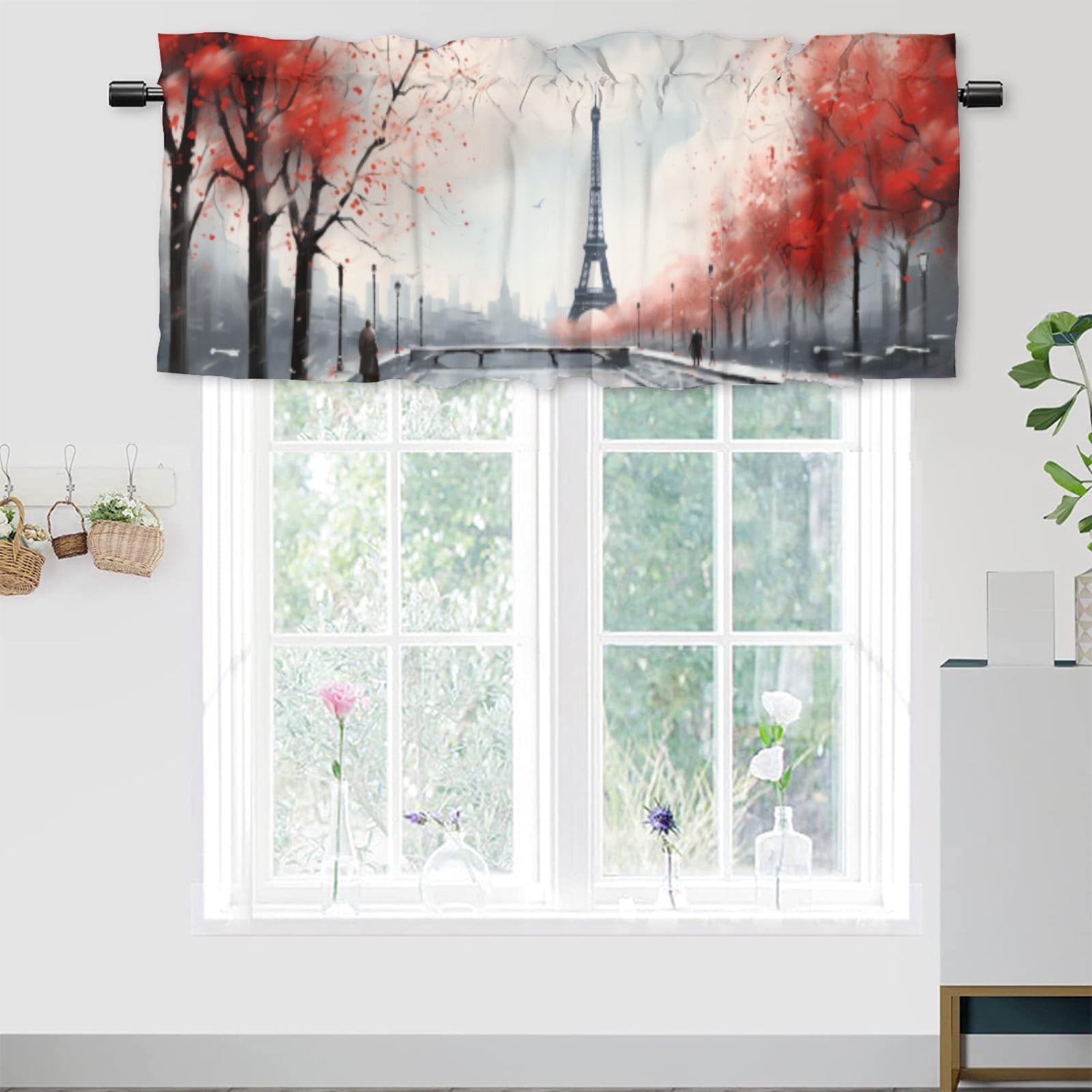 Eiffel Tower Printed Window Curtains Valances Vintage Paris Red Floral ...