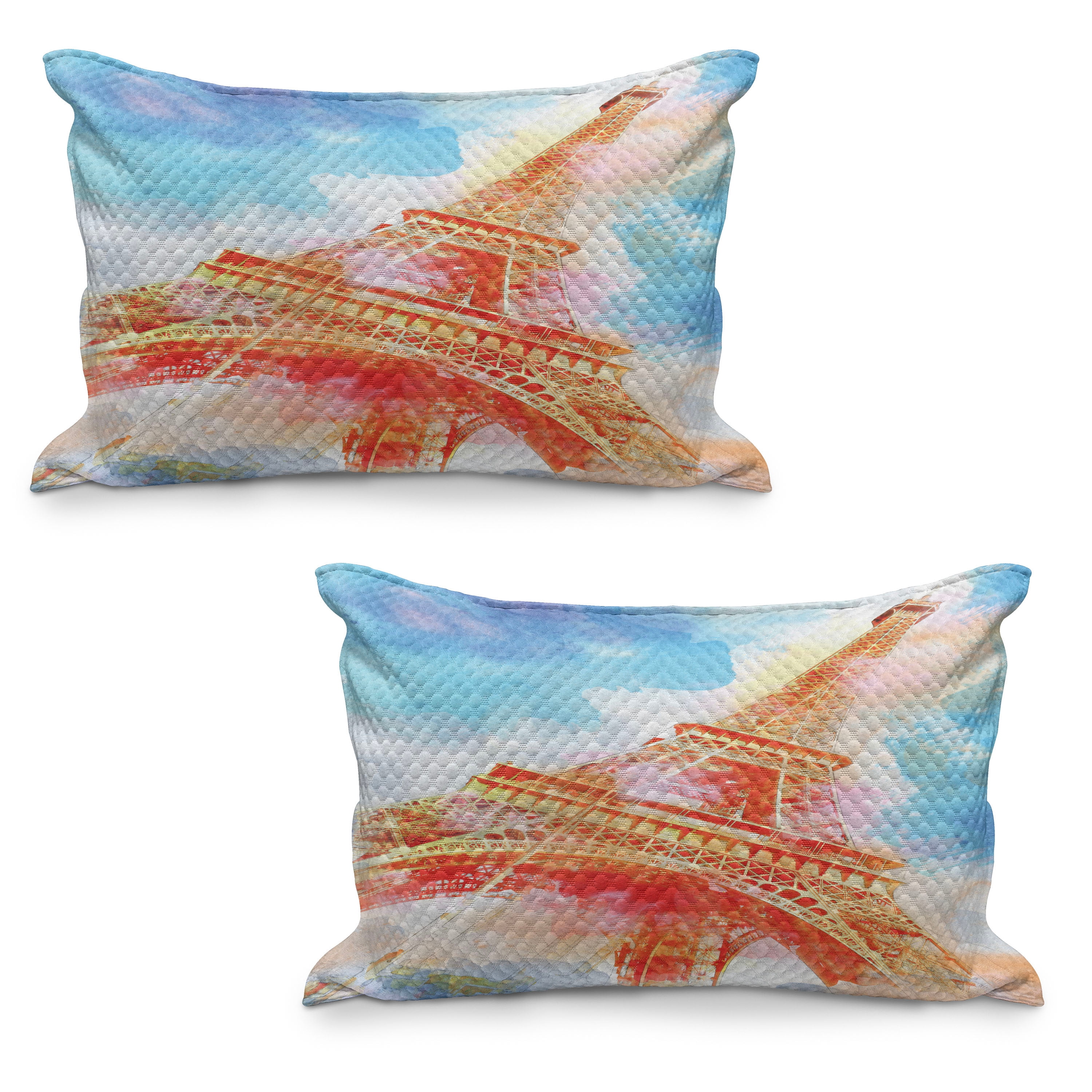 Eiffel Tower Quilted Pillowcover Set of 2, Watercolor Painted Linework ...