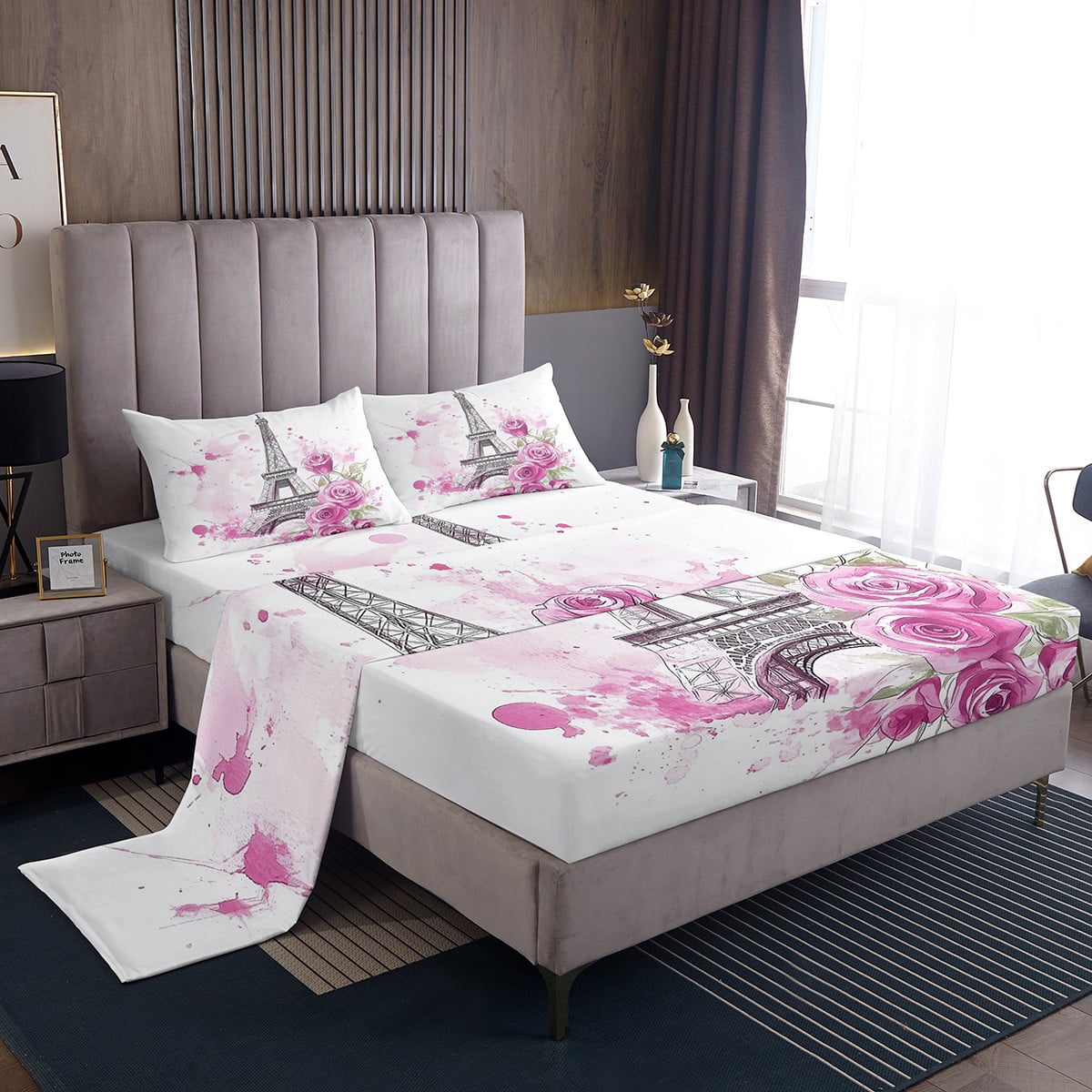 Eiffel Tower Sheets Pink Rose Flowers Twin Bed Sheets Set Teens,Paris ...