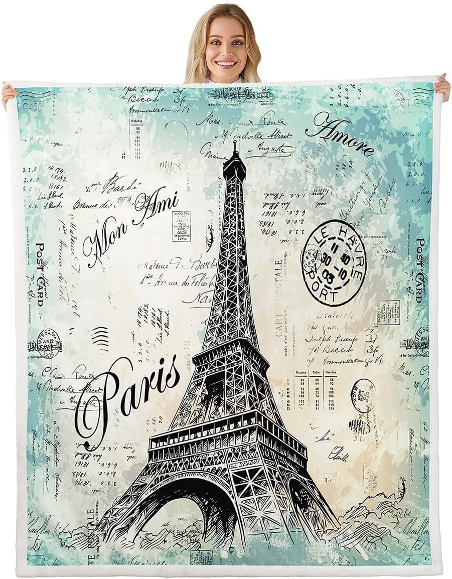 Eiffel Tower Sherpa Blanket Women Chic Retro Paris Theme Fleece Throw ...