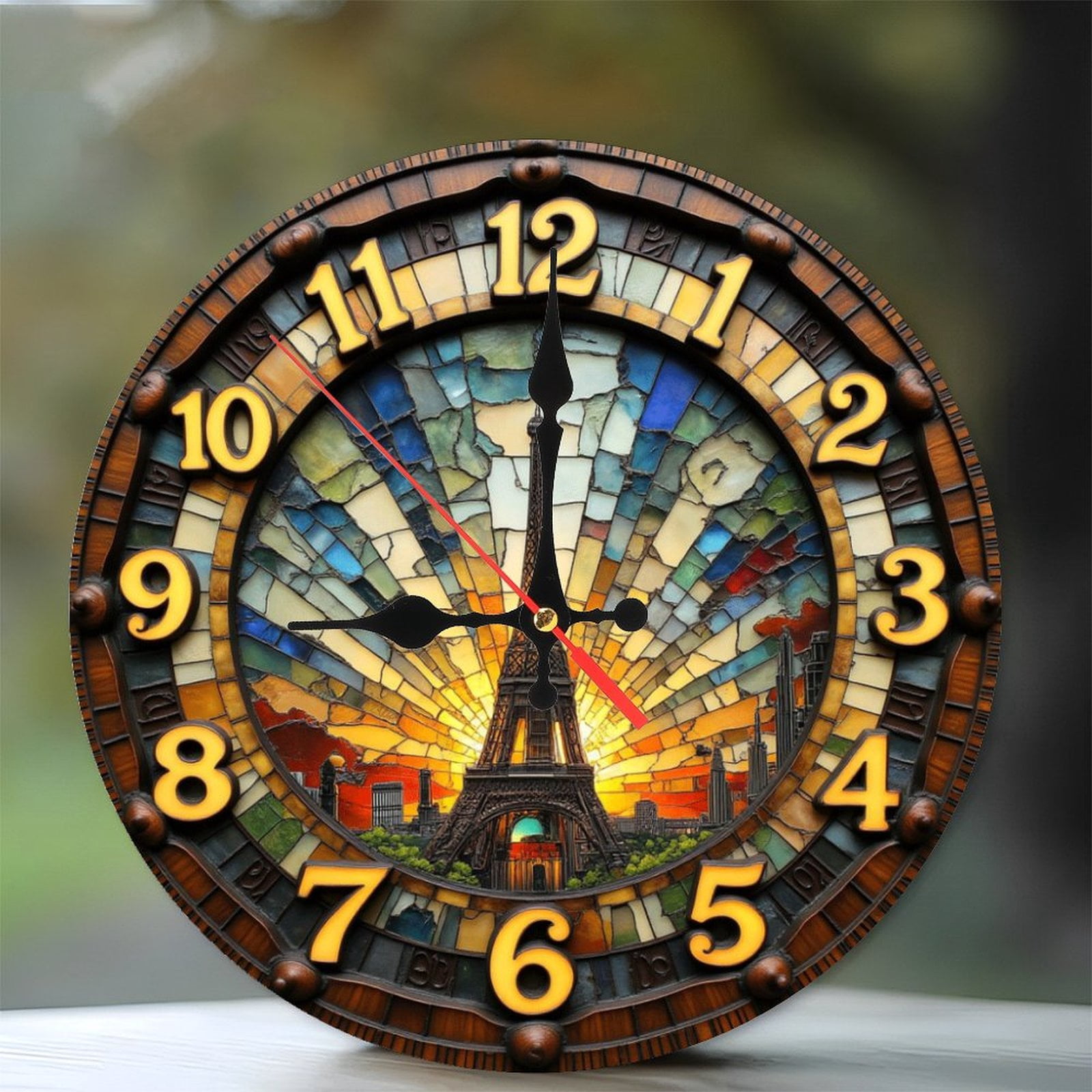 Eiffel Tower Stained Glass Wall Clock Home Decor 10-Inch Silent Wooden ...
