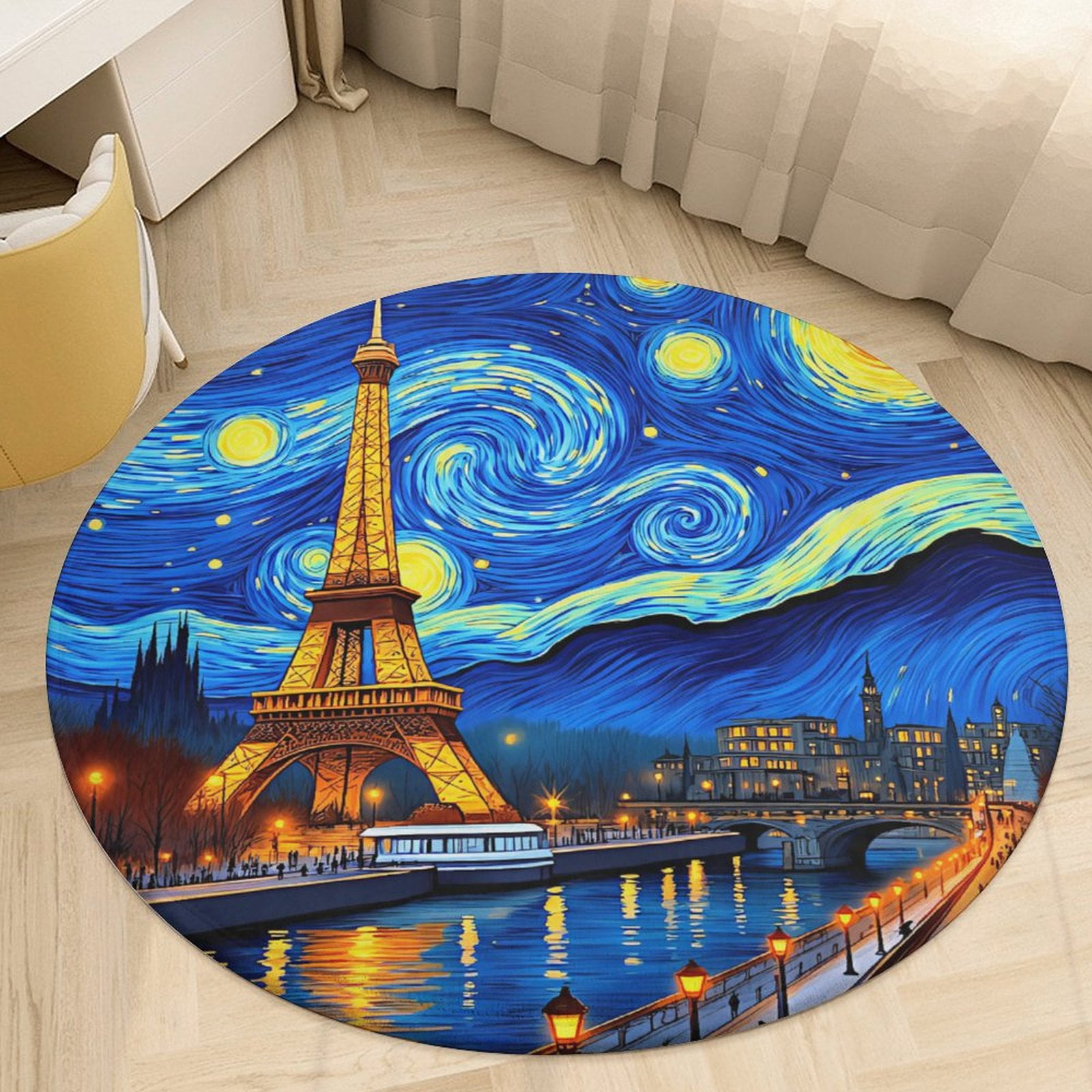 Eiffel Tower Starry Night Scene Round Area Rugs for Bedroom Living Room ...