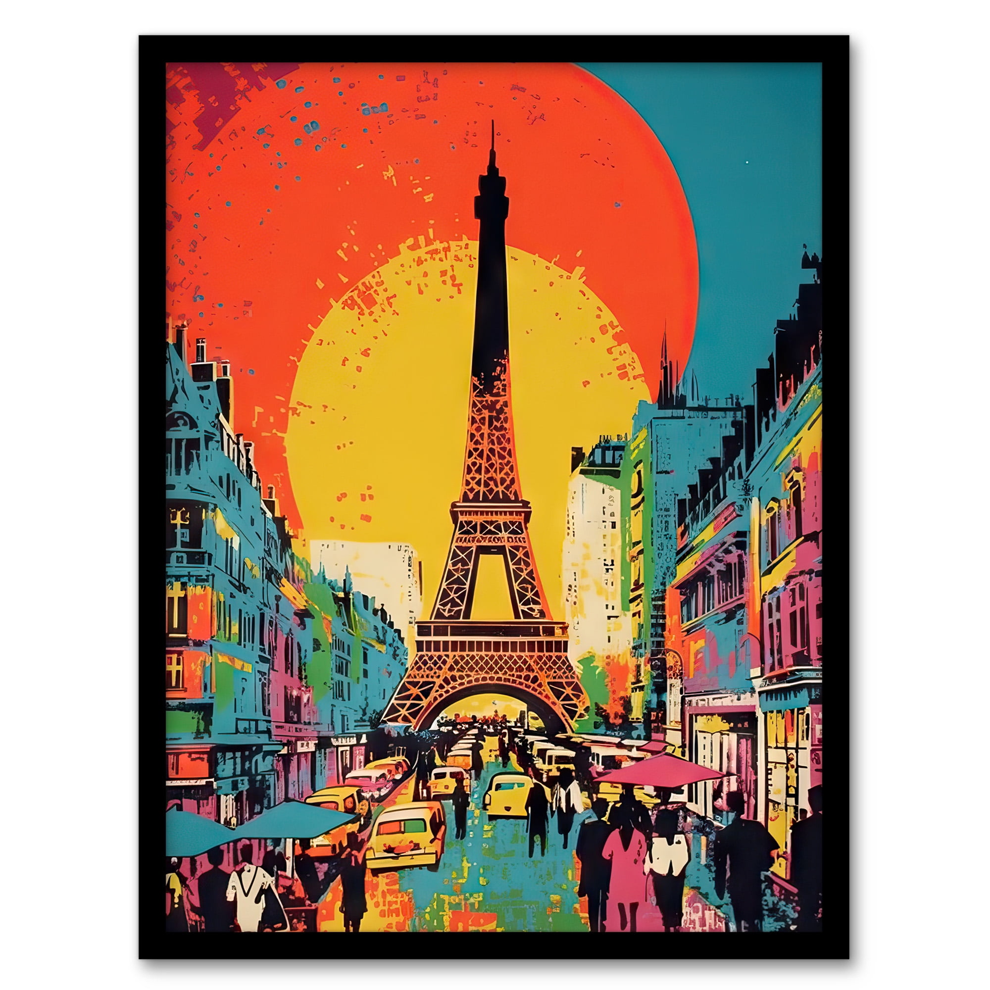 Eiffel Tower Sunset Vibrant Painting Busy Paris Street Pedestrians ...