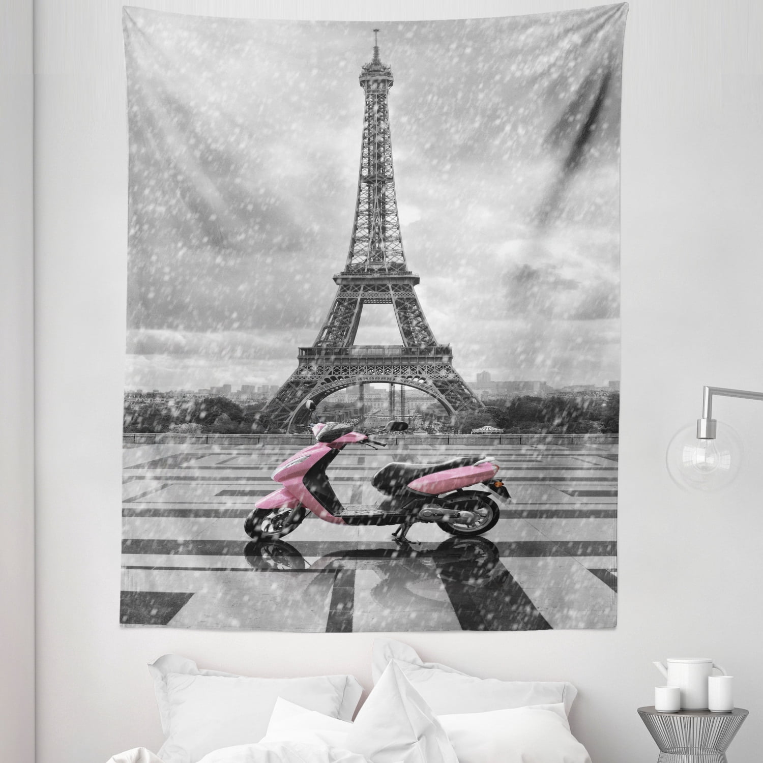 Eiffel Tower Tapestry, Paris Scene with Greyscale City Background and ...