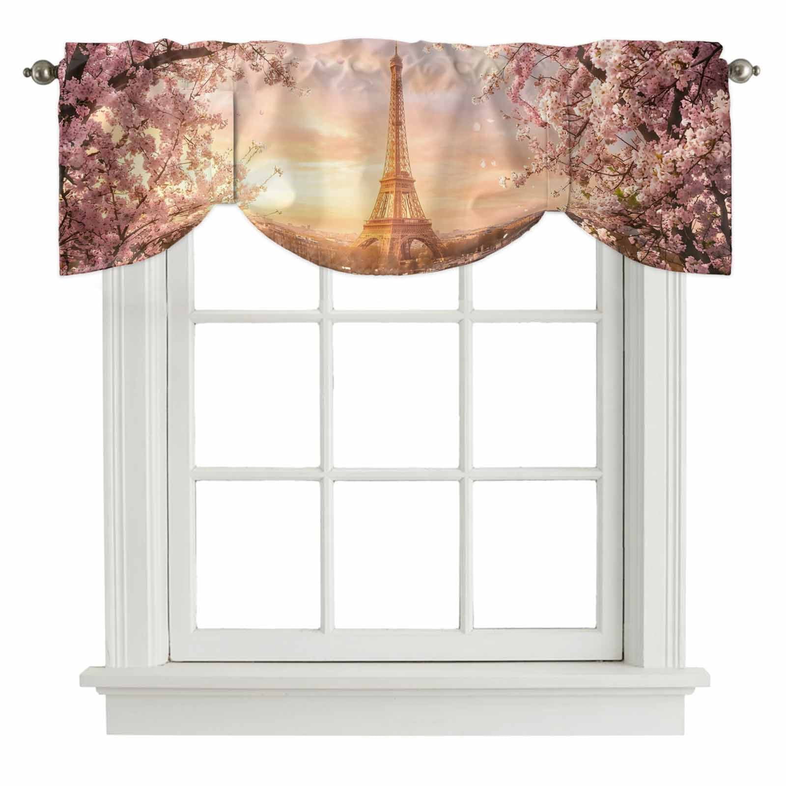 Eiffel Tower Tie Up Valance Curtains Sunset Pink Cherry Blossom Trees ...