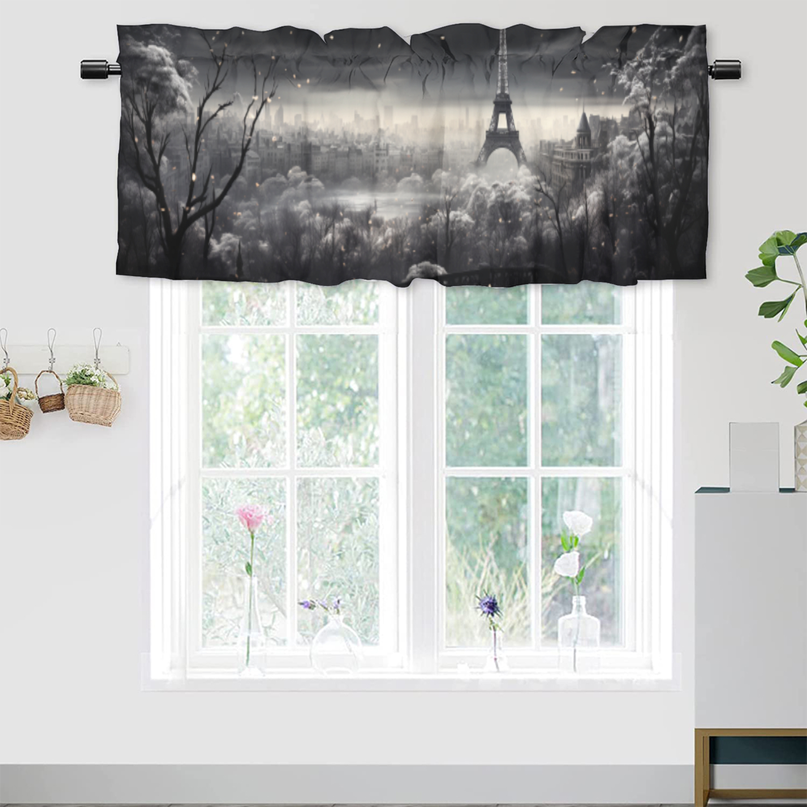 Eiffel Tower Valance Curtain for Kitchen Black White Romantic European ...
