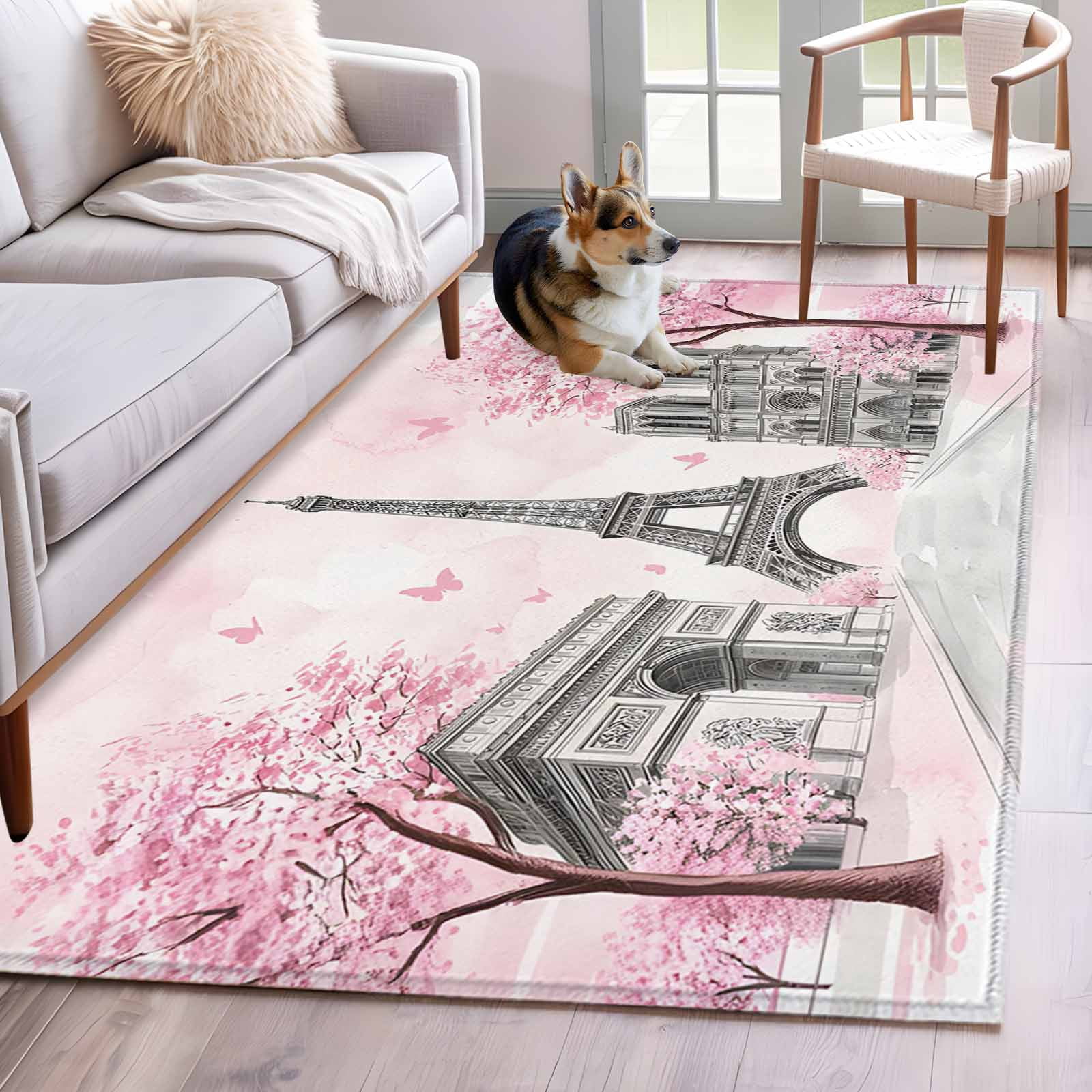 Eiffel Tower Washable Area Rug 2.7x5 Romantic Pink Cherry Blossom Trees ...