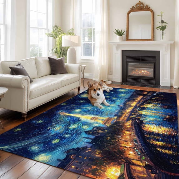 Eiffel Tower Washable Area Rug 8x10 Starry Night City Impressionist ...
