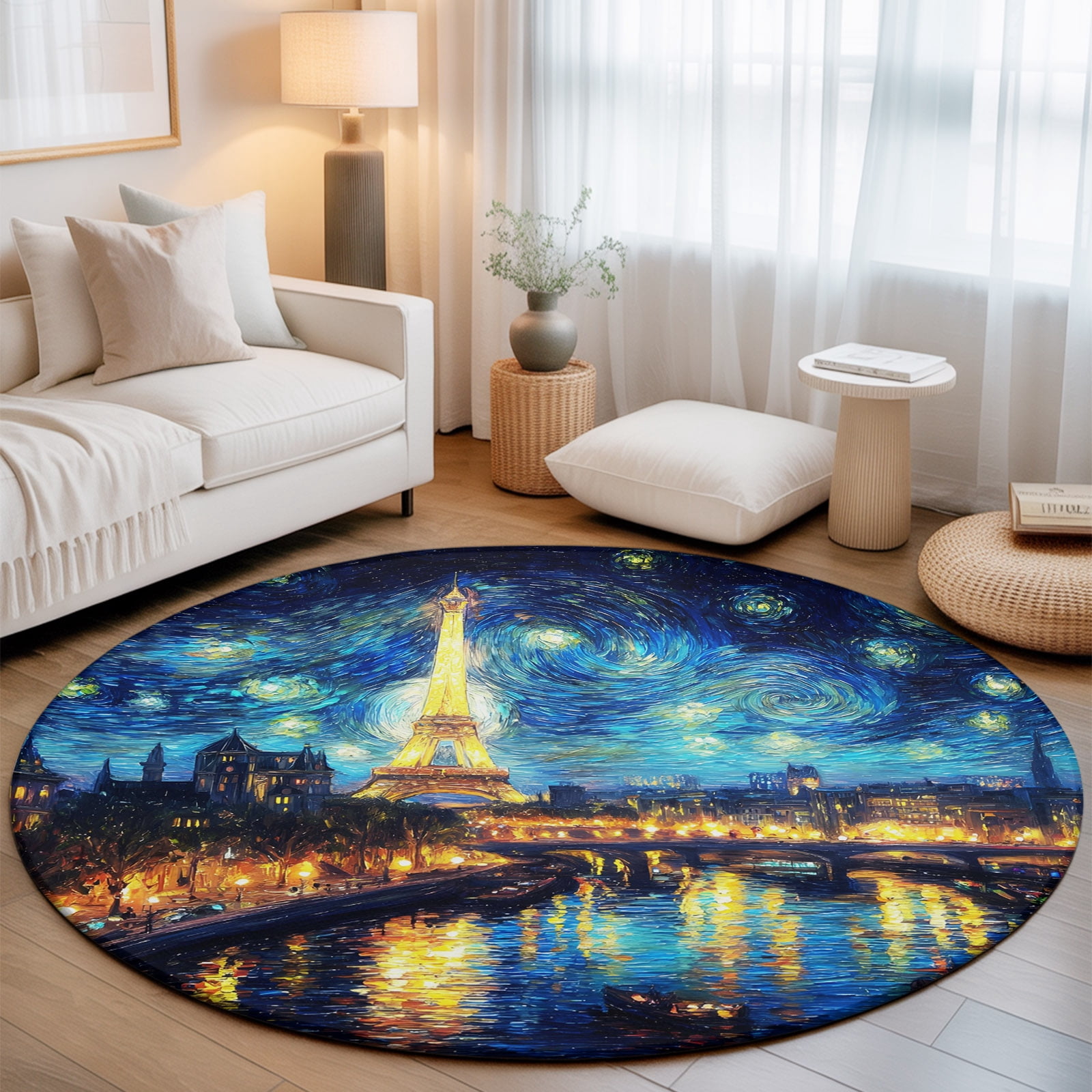 Eiffel Tower Washable Round Area Rug 7 ft, Starry Night City ...