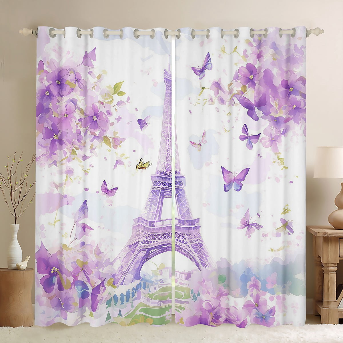 Eiffel Tower Window Curtains Watercolor Butterfly Purple Flowers Window ...