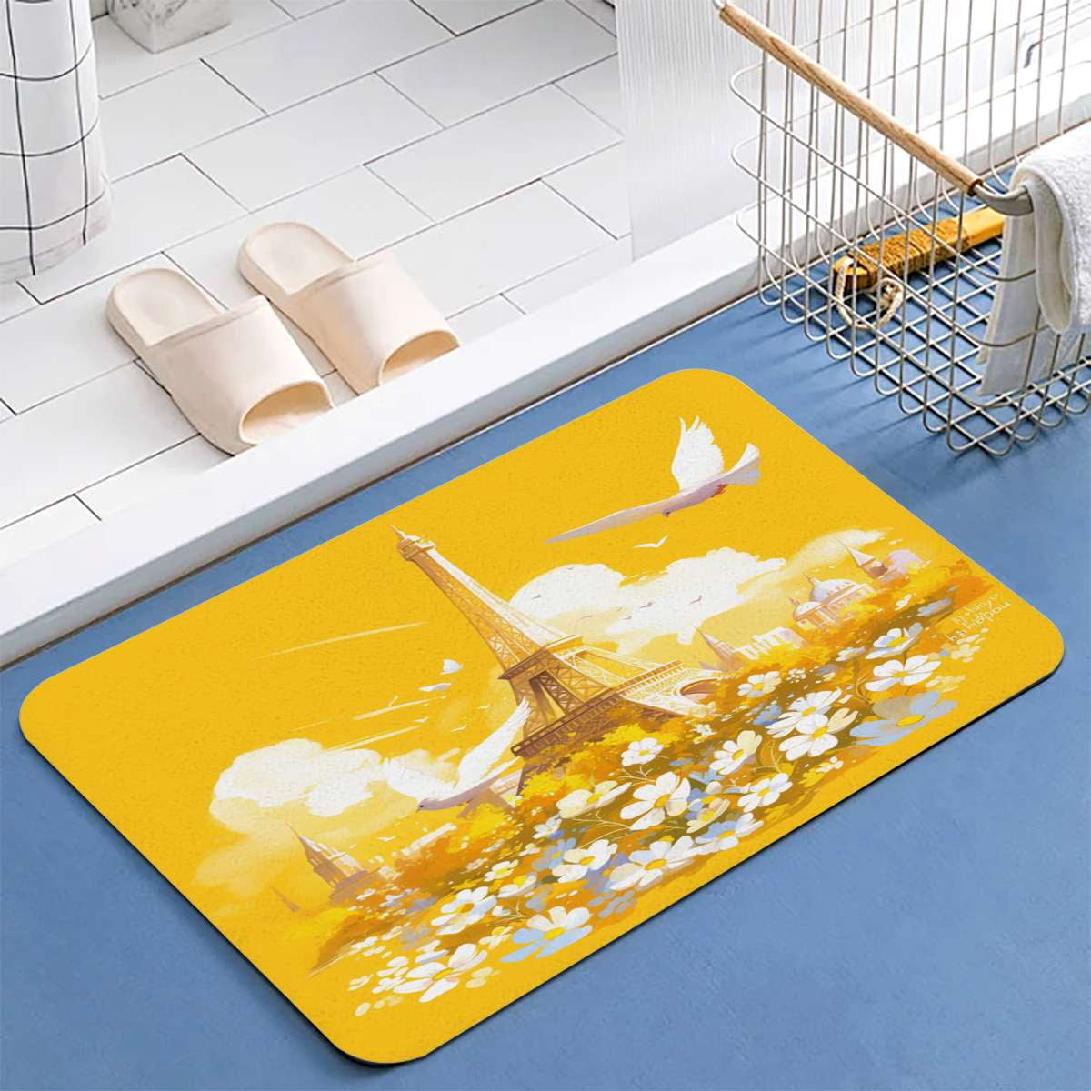 Eiffel Tower With Flower Diatomite Bath Mats Bathroom Absorbent Anti ...