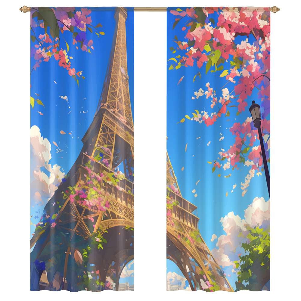 Eiffel Tower With Flower Tulle Curtains For Living Room Chiffon Sheer Voile Kitchen Bedroom ...