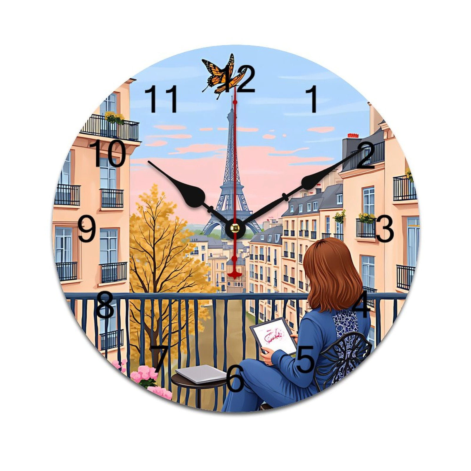Eiffel Tower Woman with A Red Umbrella Printed Silent Wall Clock Round Kitchen Clock Chic Quiet ...