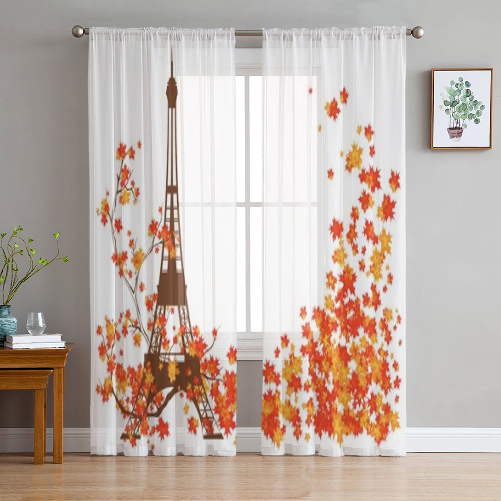 Eiffel Tower and Fall Season Leaves Tulle Curtains for Living Room ...