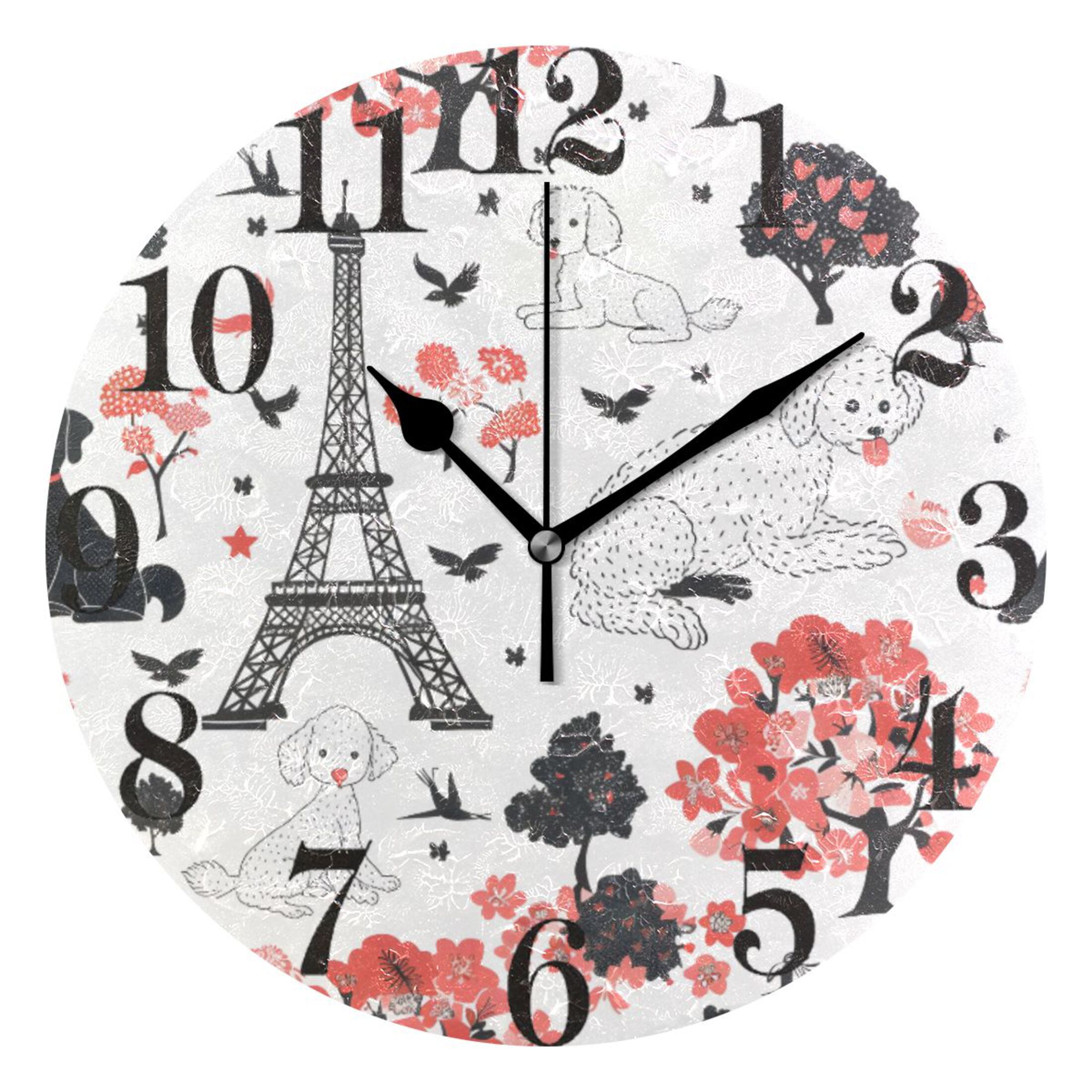 Eiffel Tower and Poodle Dog Wall Clock 9.8 inch Battery Operated Clocks ...