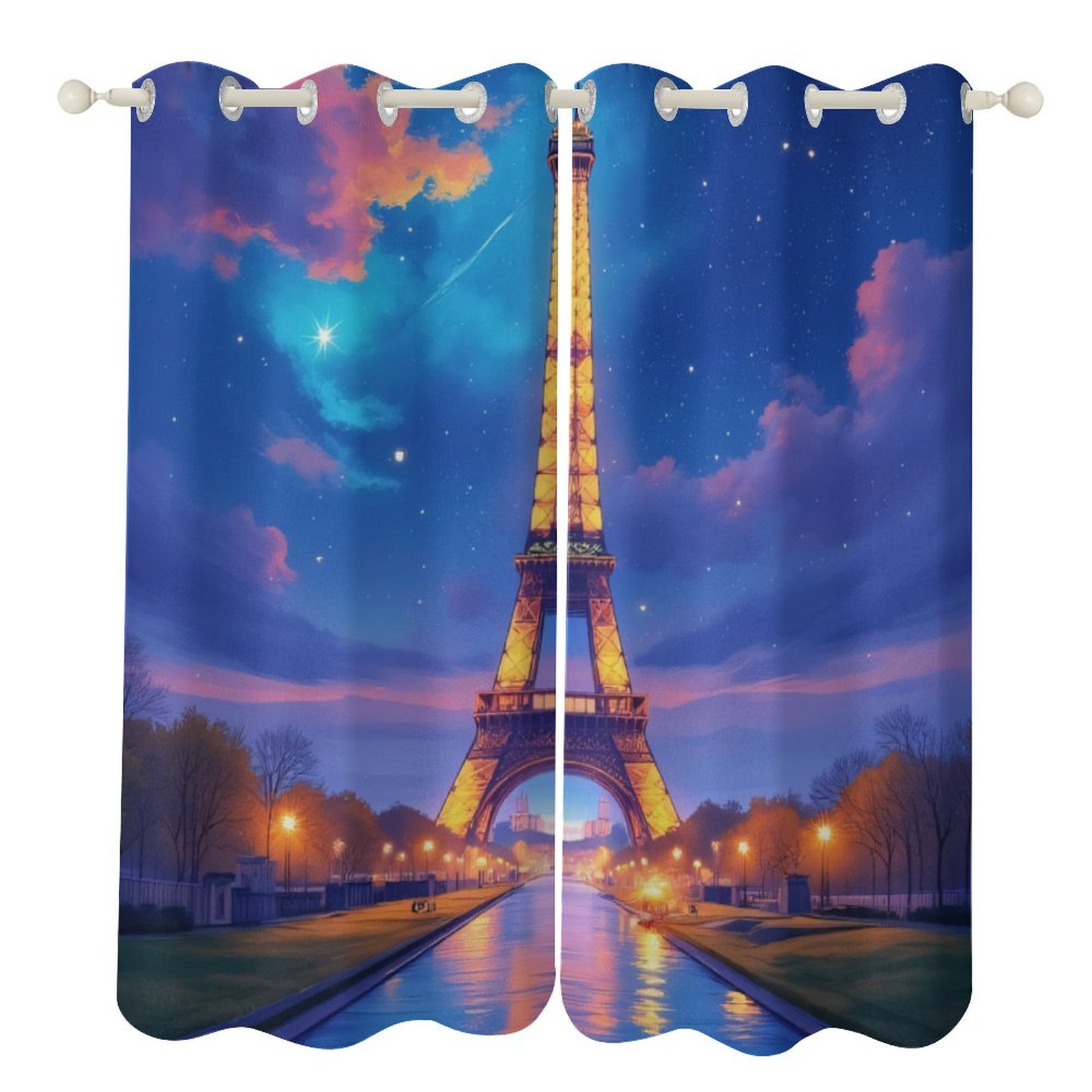 Eiffel Tower at Night 2 Panels 3D Printing Pattern Curtain for Bedroom ...