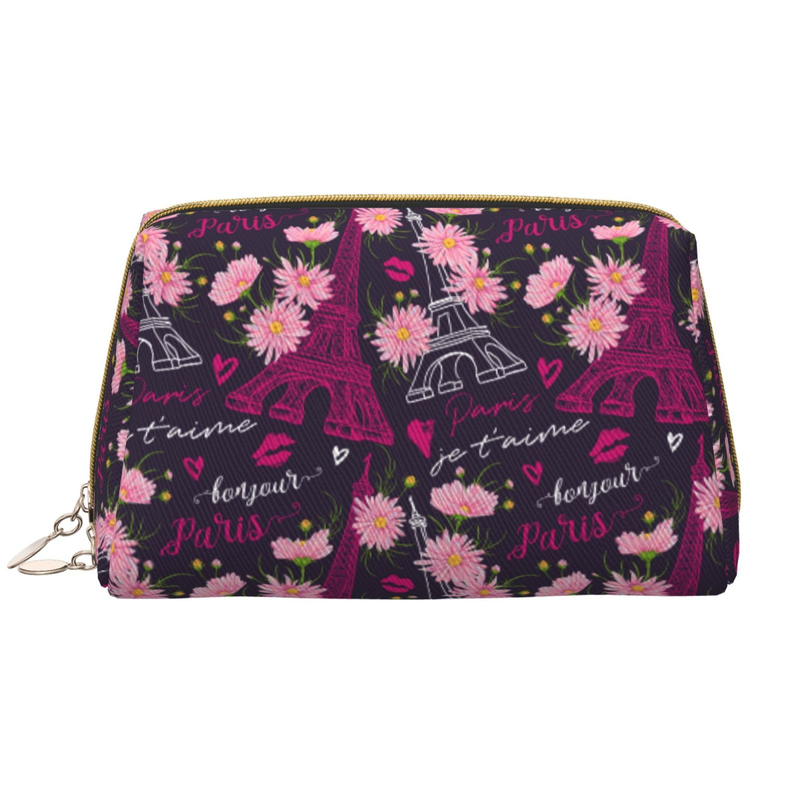Eiffel Tower flower pink Makeup Bag, Leather Waterproof Travel Toiletry ...