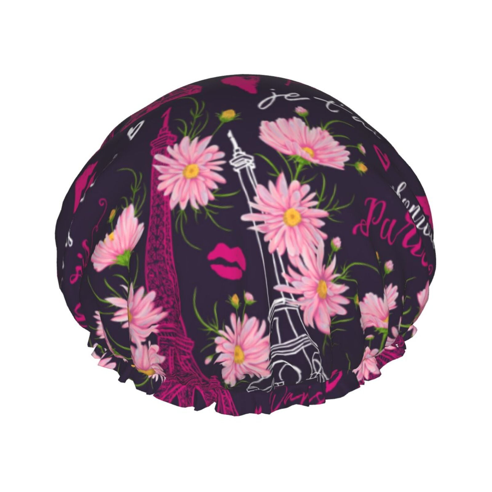 Eiffel Tower flower pink Shower Cap for Women, Double Waterproof Layers ...