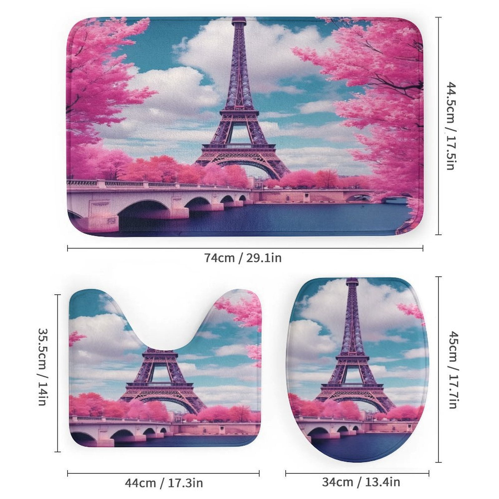 Eiffel Tower in Pink Trees Bathroom Rugs Sets 3 Piece Toilet Lid Cover ...