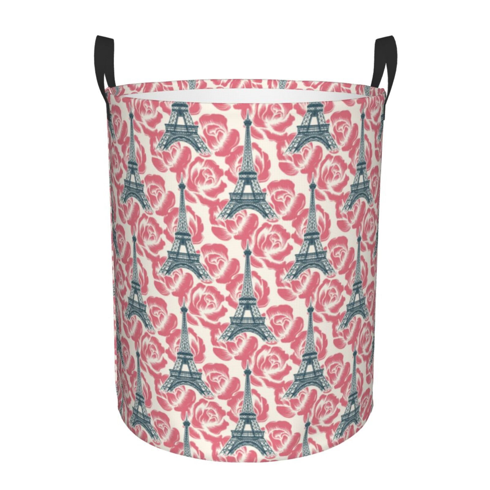 Eiffel Tower rose Round Laundry Basket, Laundry Hamper with Handle ...