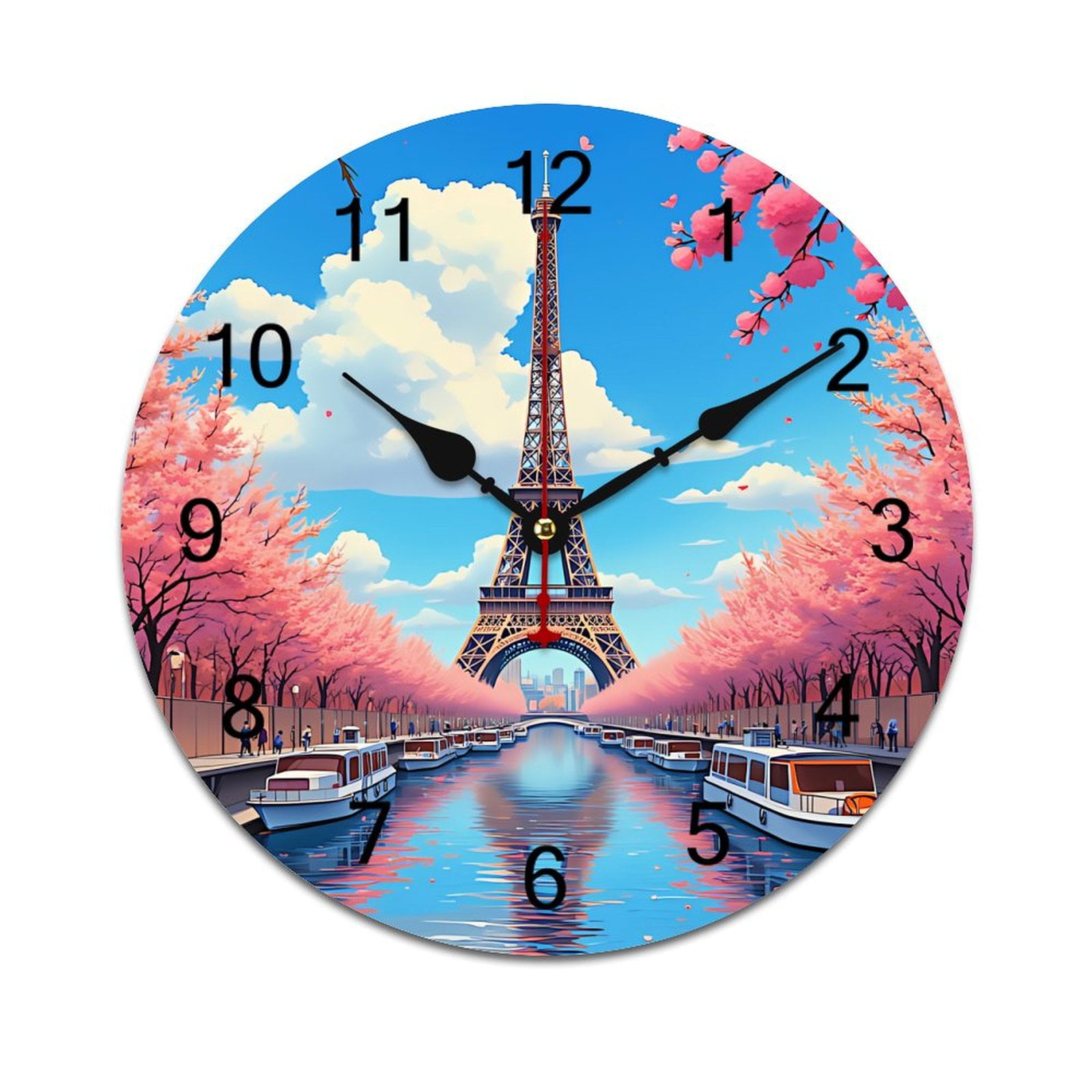 Eiffel Tower with Flowers Cherry Blossom Trees Bedroom Wall Clock Large ...