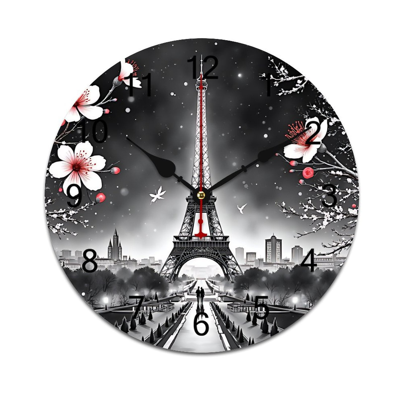 Eiffel Tower with Flowers Cherry Blossom Trees Printed Silent Wall ...