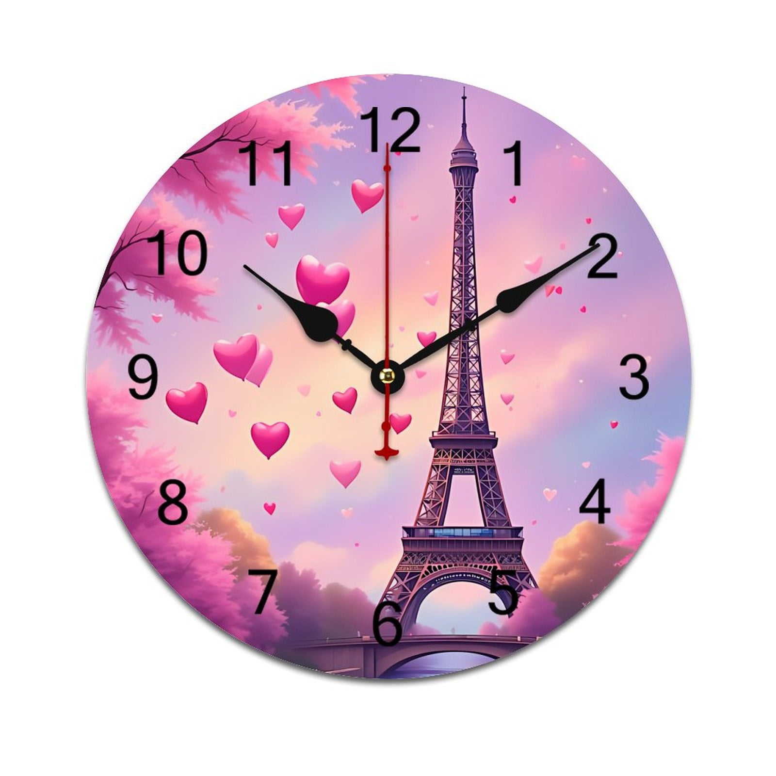 Eiffel Tower with Flowers Cherry Blossom Trees Printed Silent Wall Clock Round Kitchen Clock ...