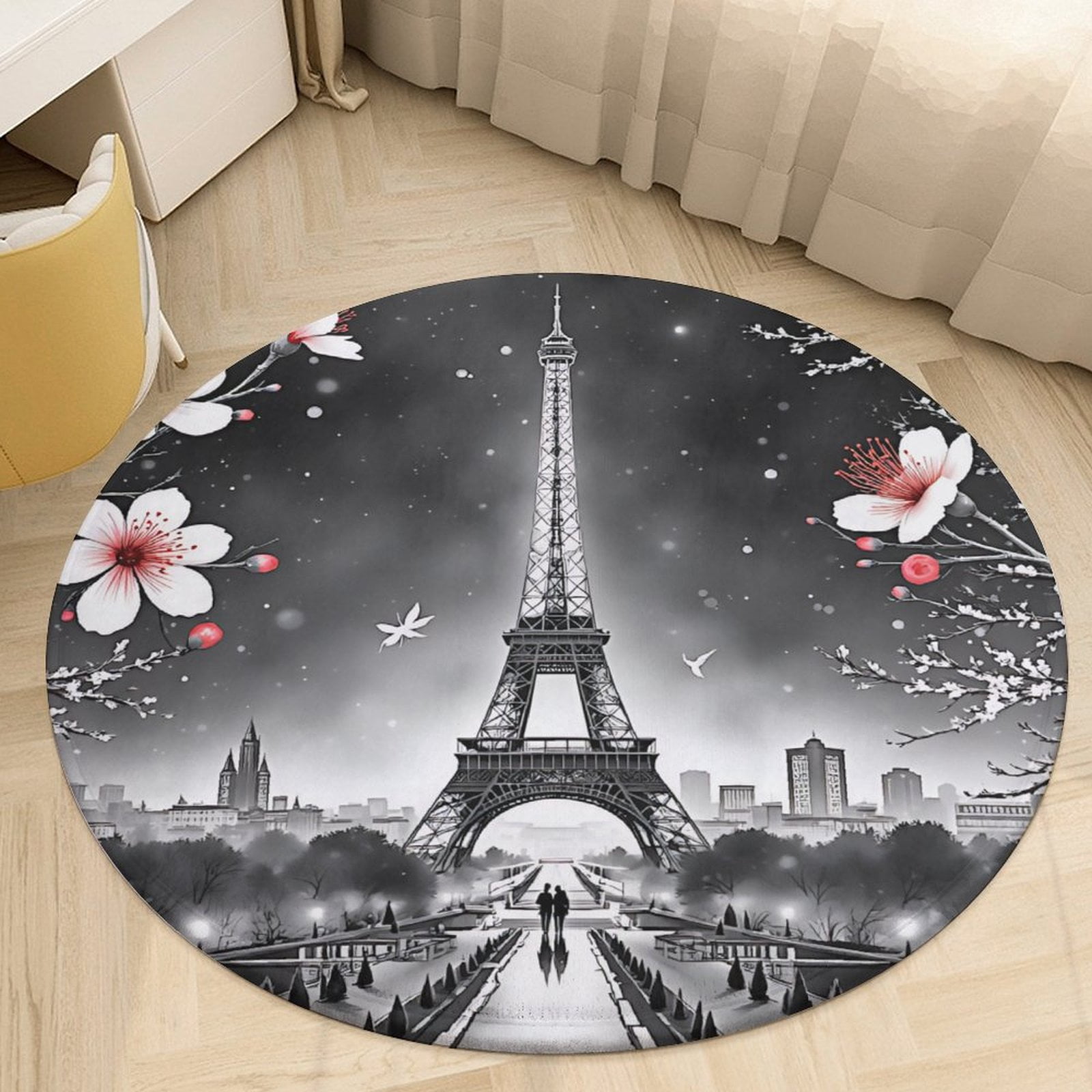 Eiffel Tower with Flowers Cherry Blossom Trees Round Area Rugs for ...