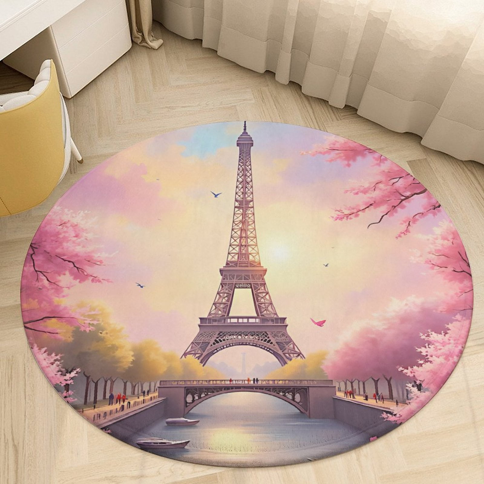 Eiffel Tower with Flowers Cherry Blossom Trees Round Area Rugs for ...