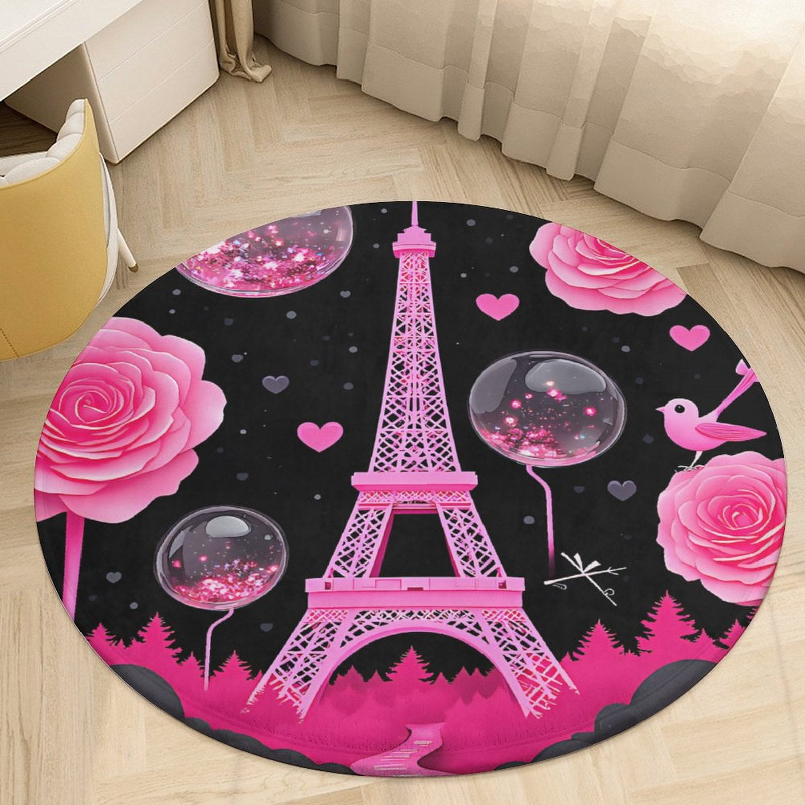 Eiffel Tower with Flowers Cherry Blossom Trees Round Area Rugs for ...
