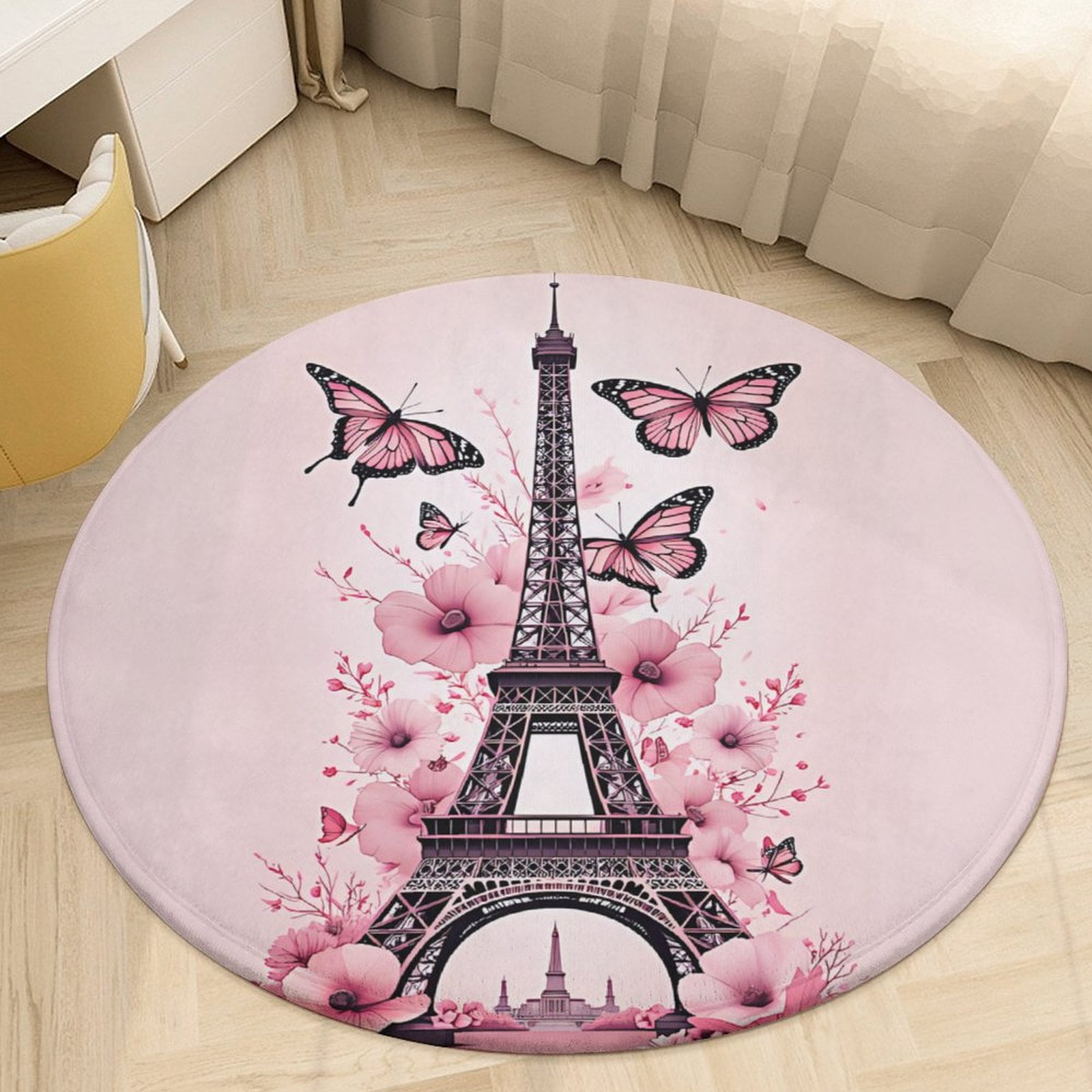 Eiffel Tower with Flowers Cherry Blossom Trees Round Area Rugs for ...