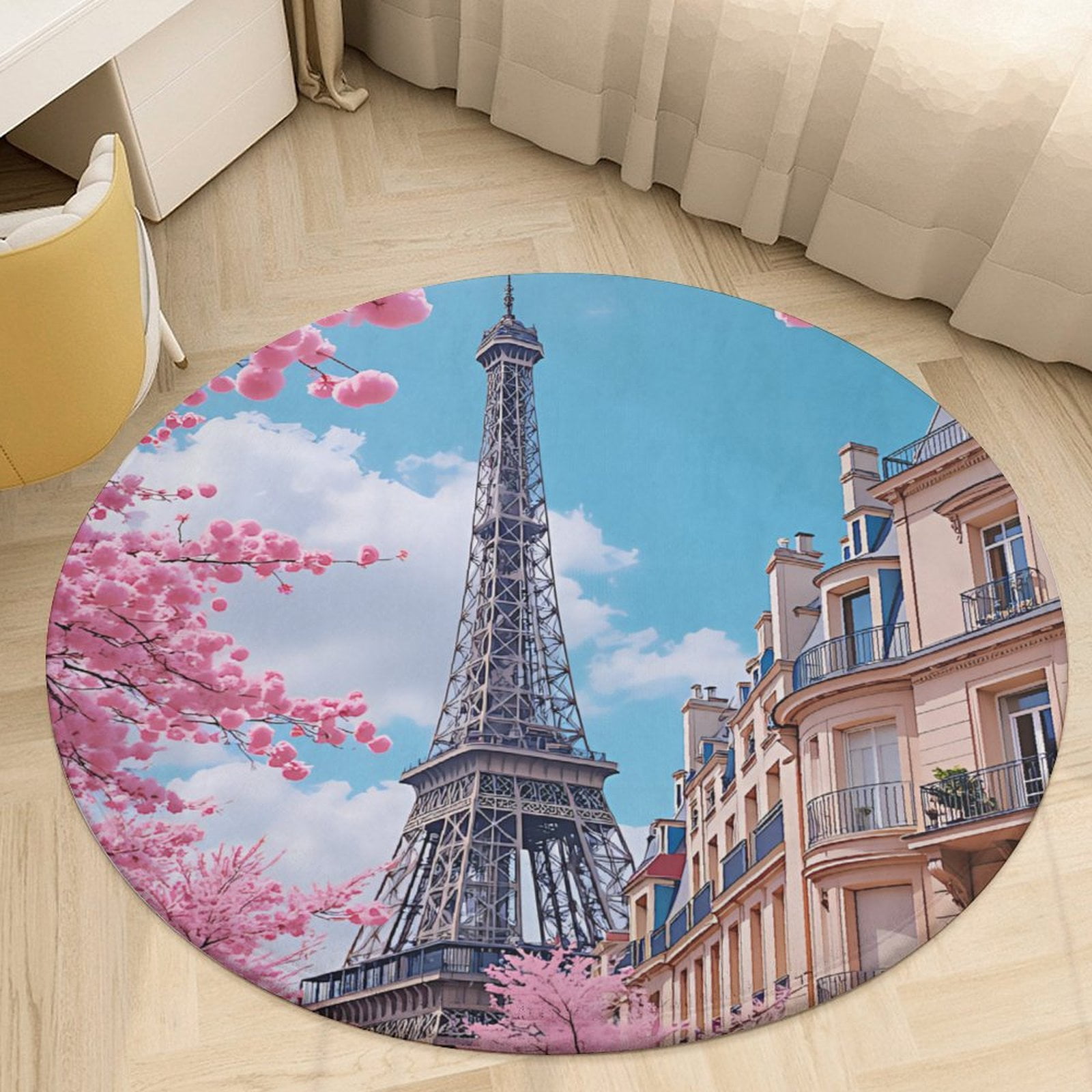 Eiffel Tower with Flowers Cherry Blossom Trees Round Area Rugs for ...