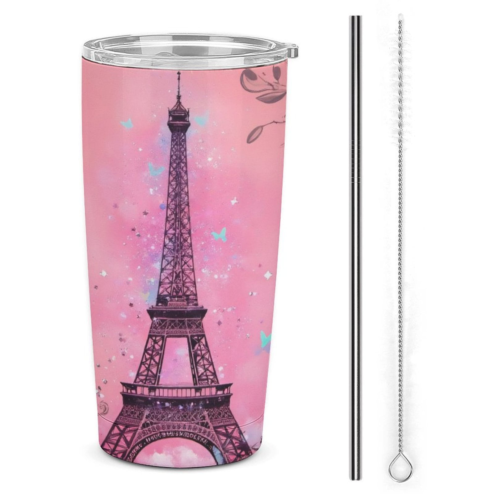 Eiffel Tower with Pink Background Tumbler with Lids And Straws ...