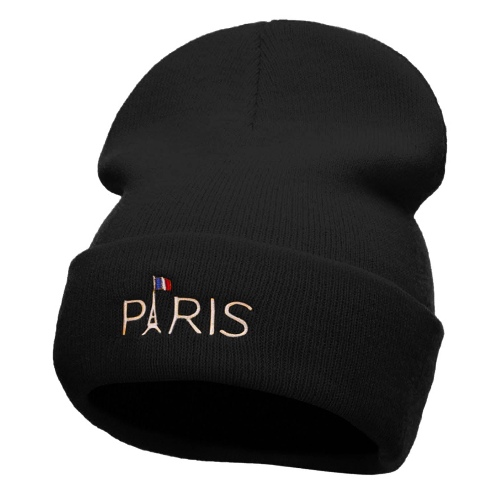 Eiffle Tower Paris Embroidered 12 Inch Long Knitted Beanie - Black OSFM ...