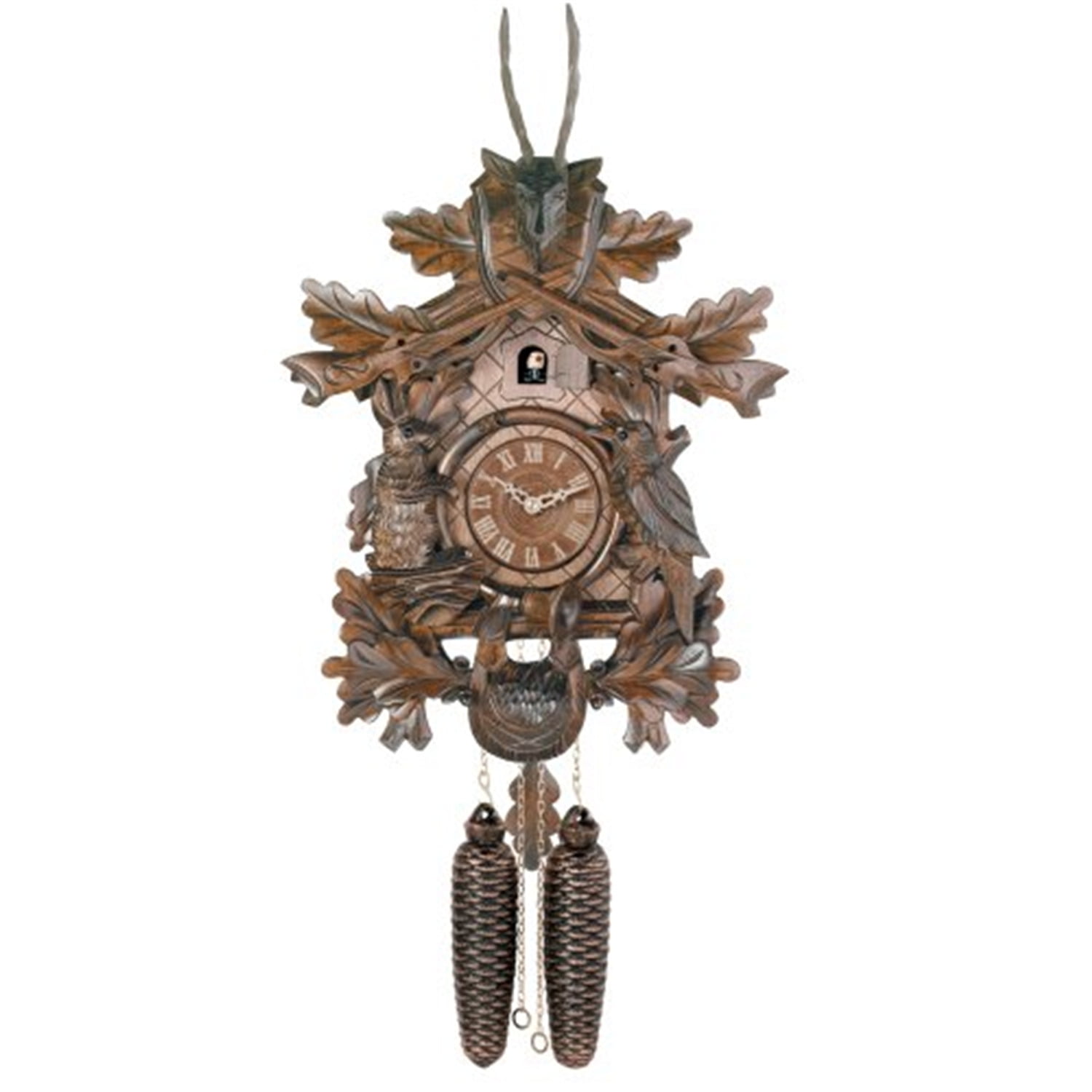 Eight Day Hunter's Cuckoo Clock with Hand-carved Oak Leaves, Animals ...
