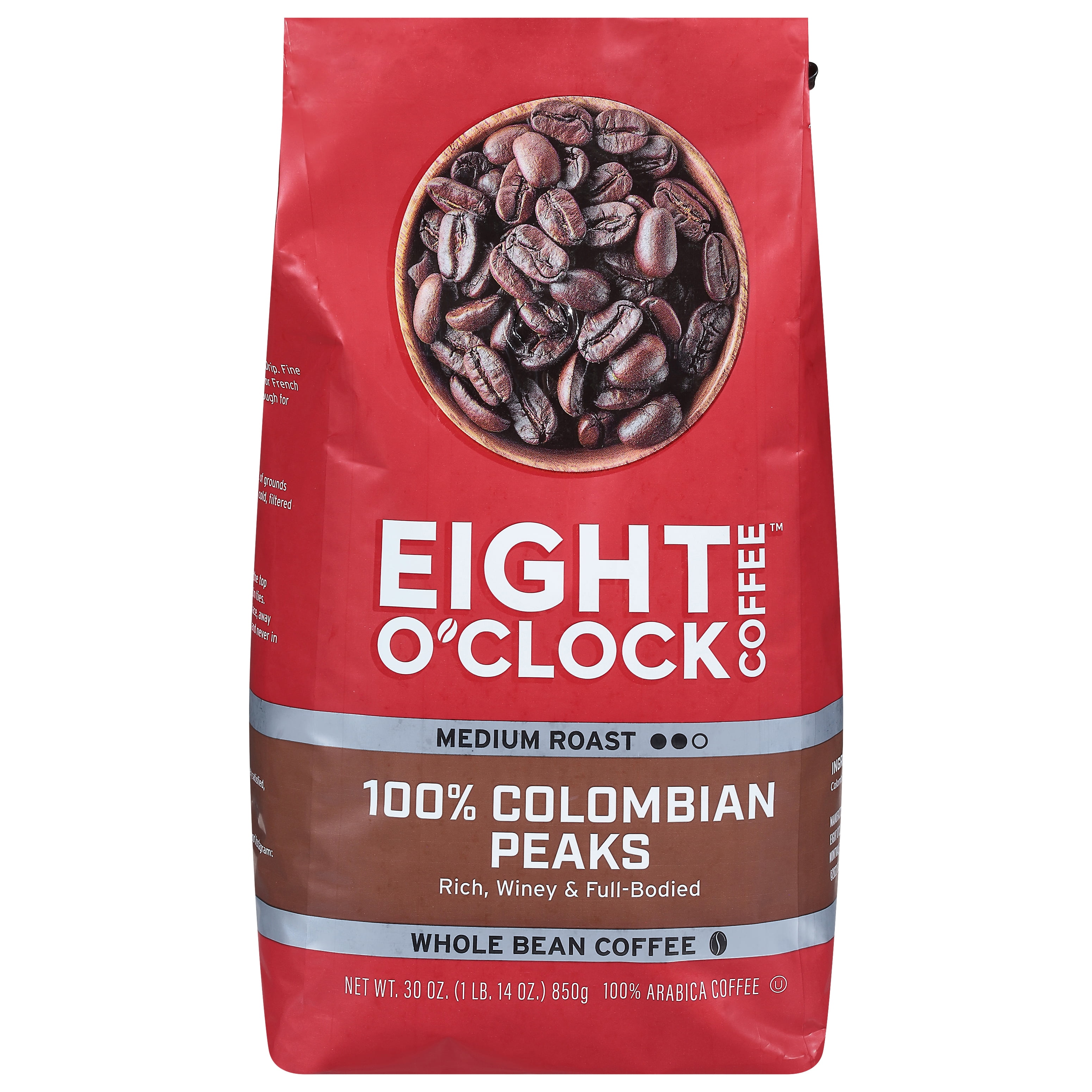 Eight O'Clock 100% Colombian Peaks Medium Roast Whole Bean Coffee, 30 ...