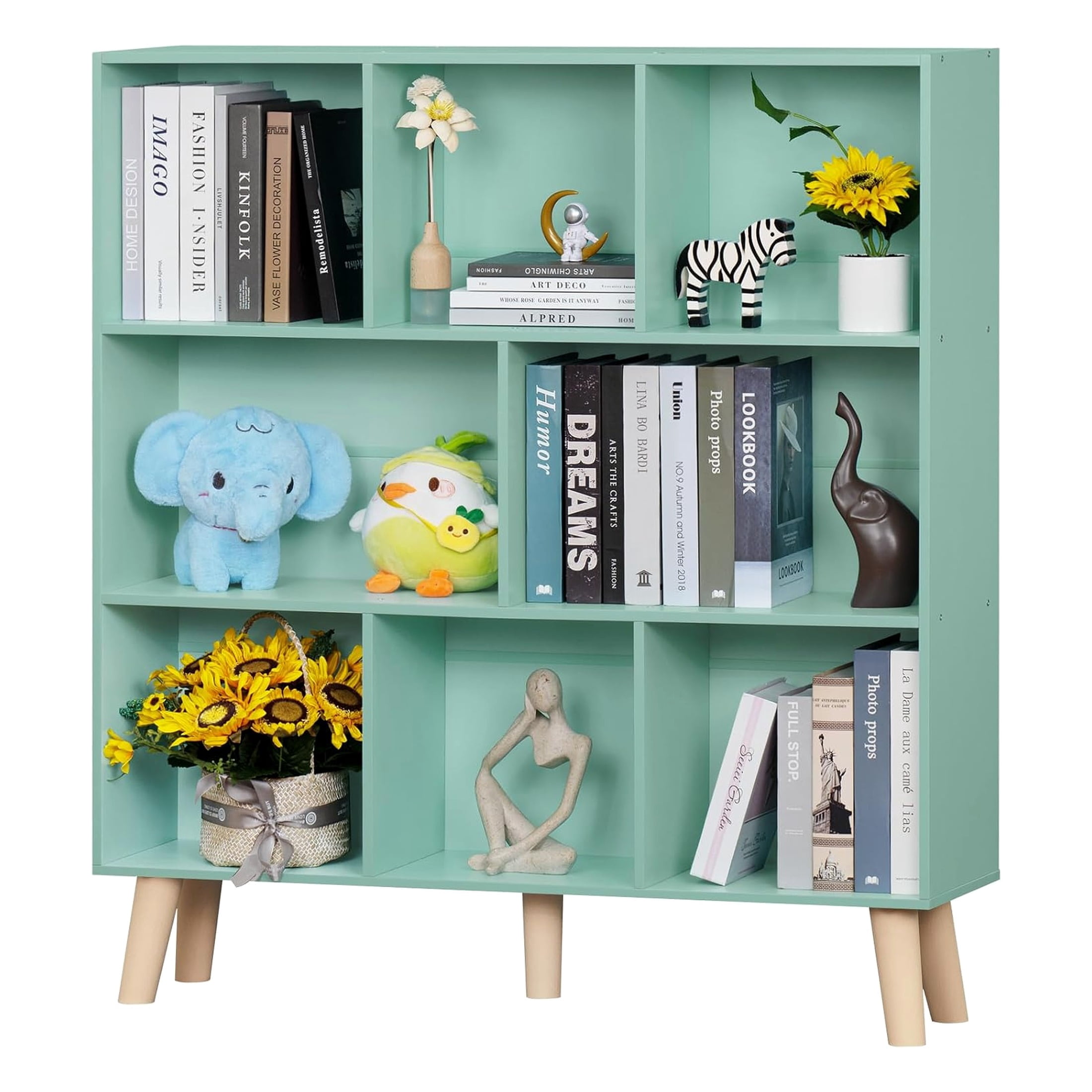 Eight-cube open bookcase, three-tier unit with legs, storage organizer ...