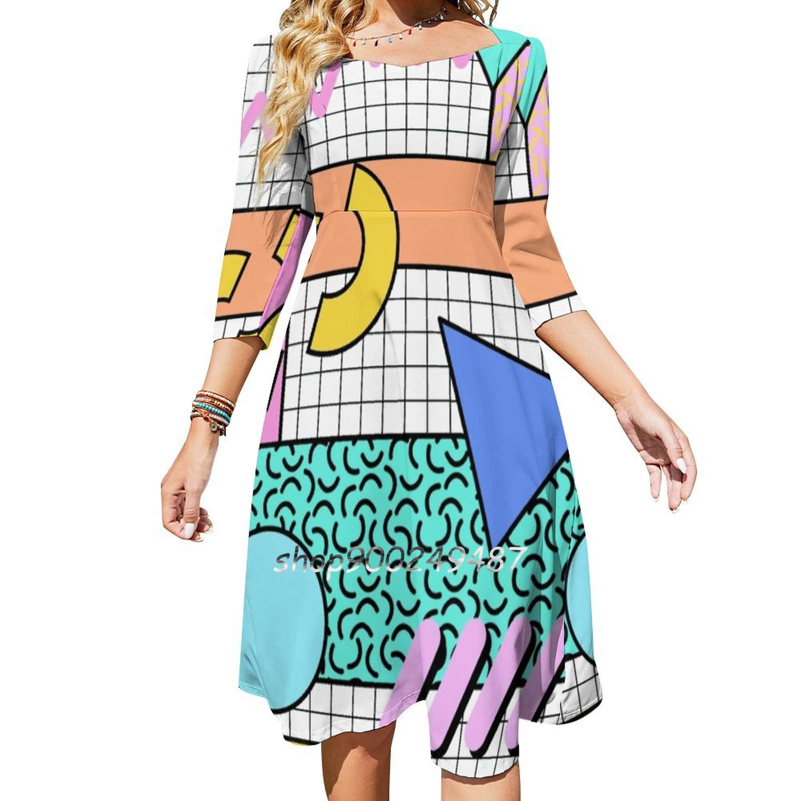 Eighties Pastel Pink Pattern Square Neck Dress Sweet Summer Dress Women ...