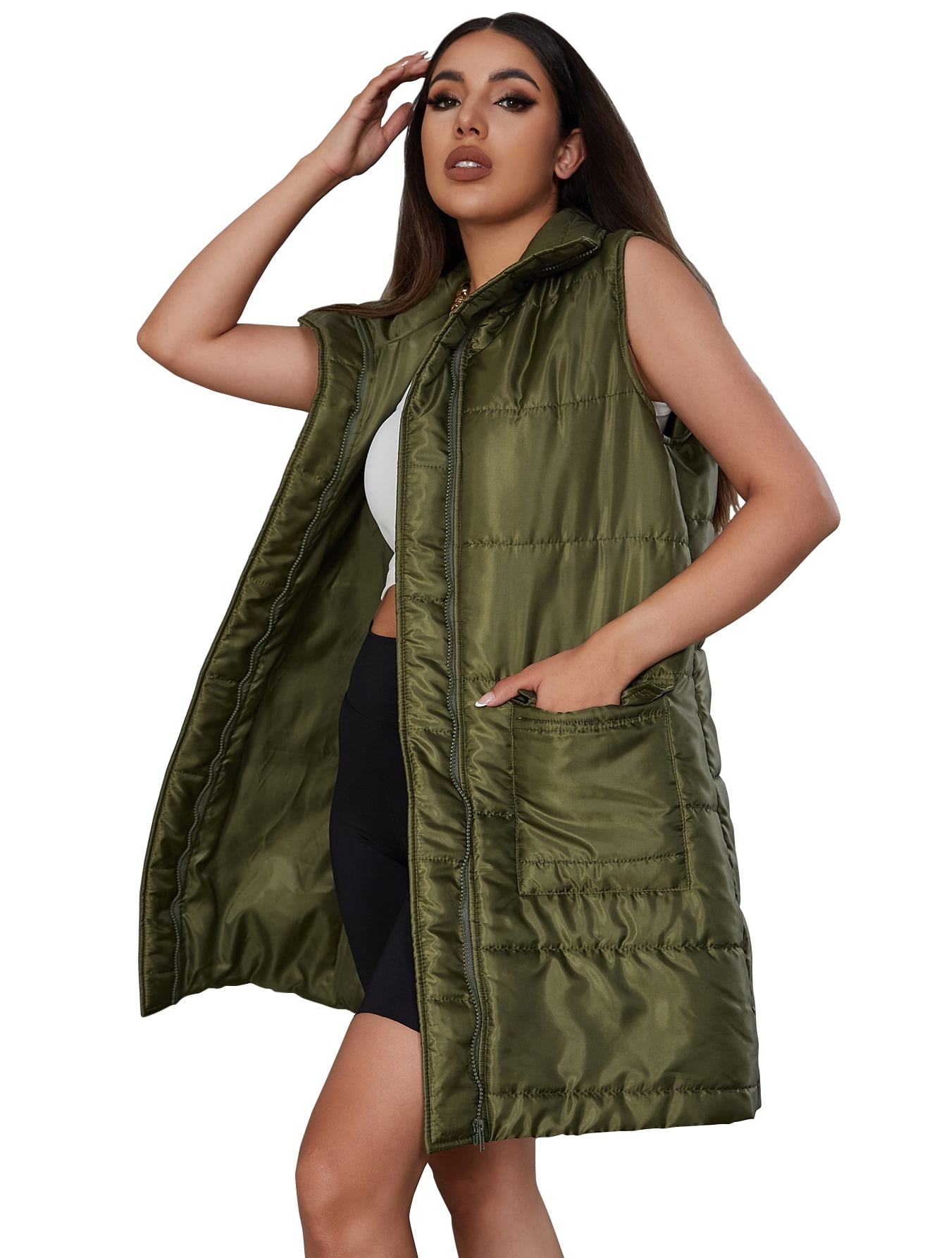 Eilly Bazar Army Green Puffer Vest Coat for Women Sleeveless Female ...