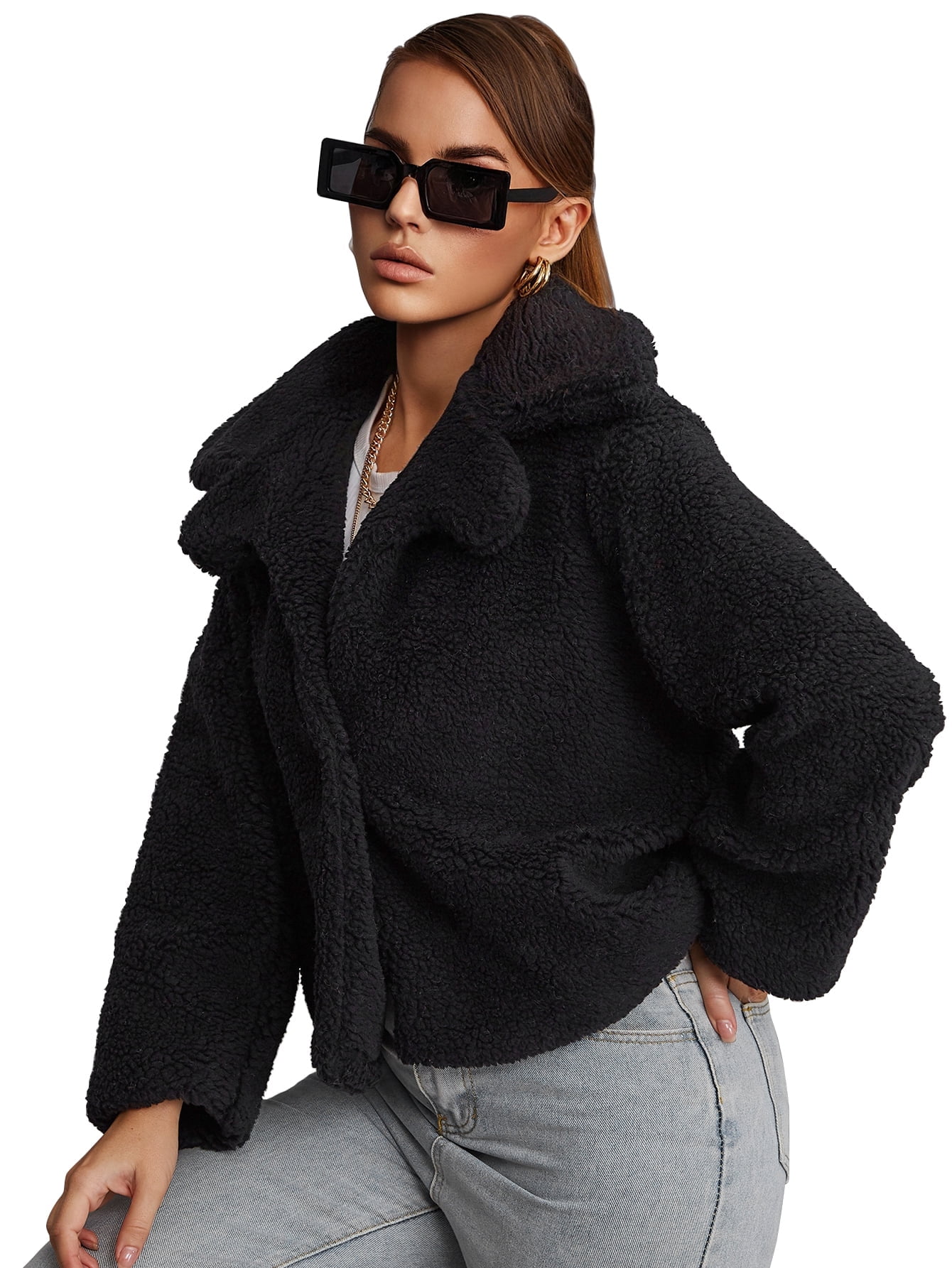 Eilly Bazar Black Teddy Coat for Women Long Sleeve Female Double Button ...