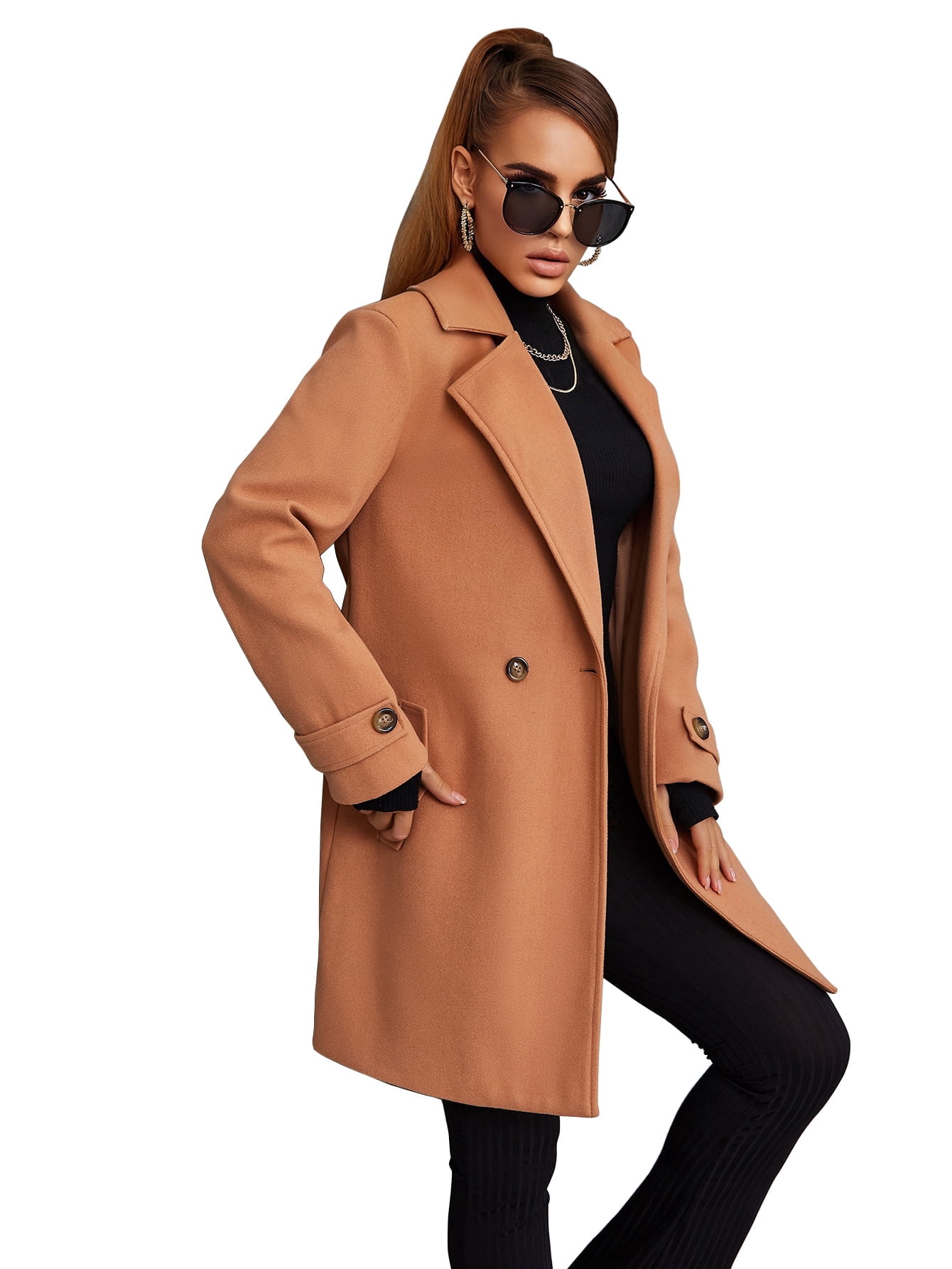 Eilly Bazar Camel Woolen Coat for Women Loose Double Breasted Long ...