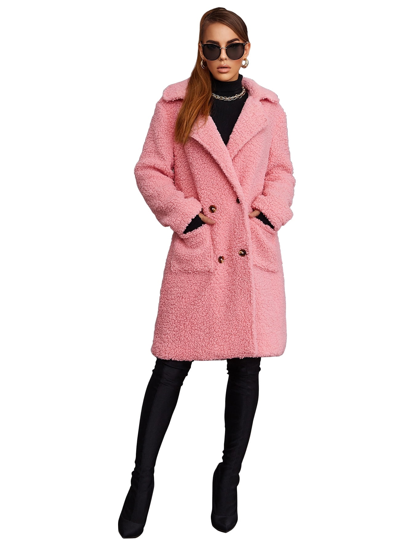 Eilly Bazar Coral Pink Teddy Coat for Women Long Sleeve Female Double ...
