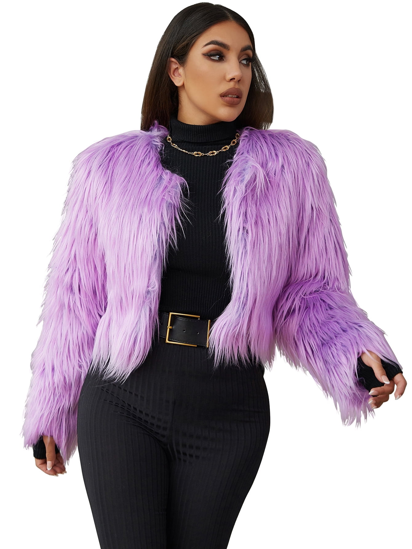 Eilly Bazar Women's Lilac Faux Fur Long Sleeve Crop Length Coat, Purple ...
