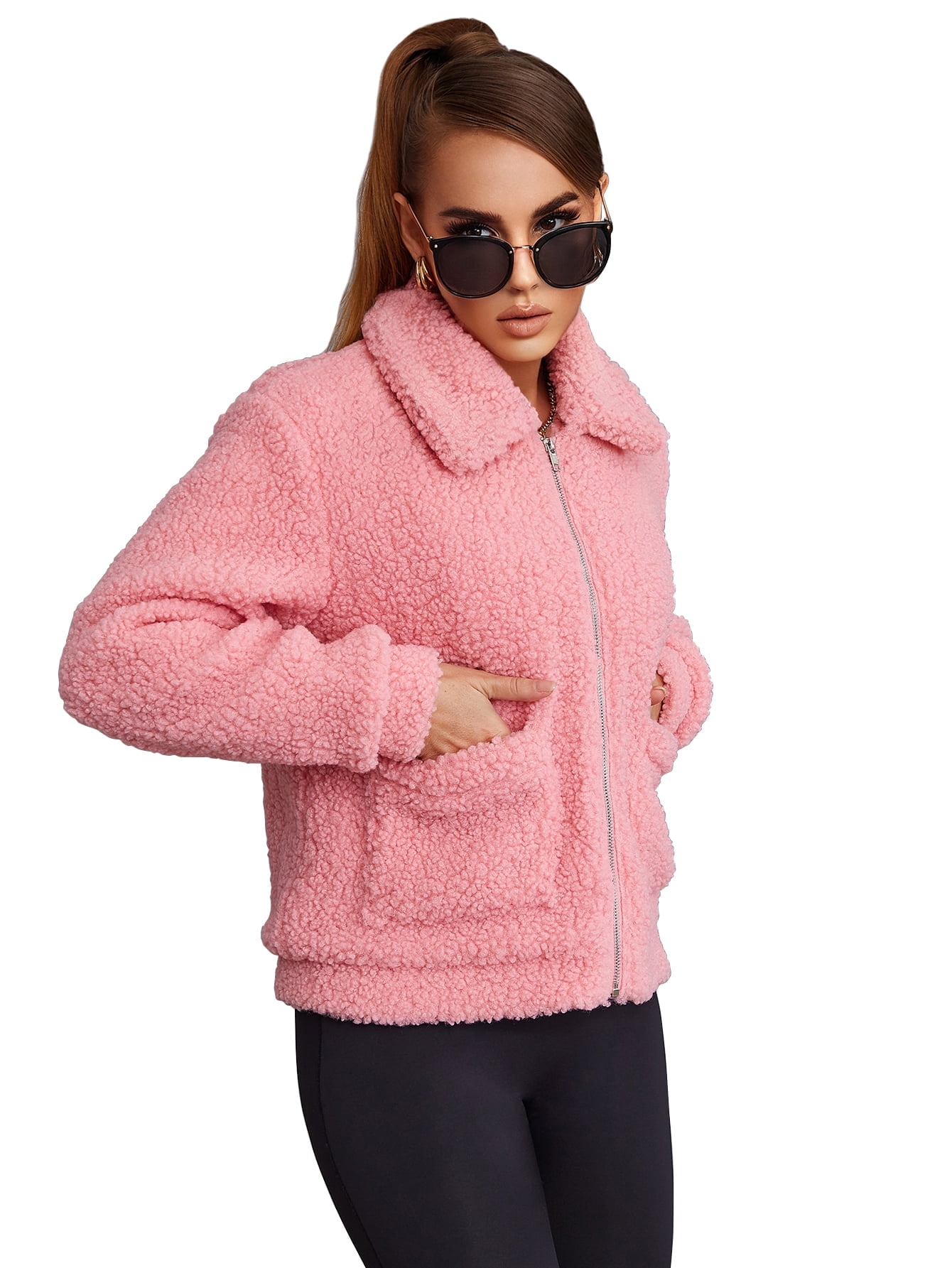 Eilly Bazar Pink Fuzzy Coat for Women Long Sleeve Full Lined Female ...
