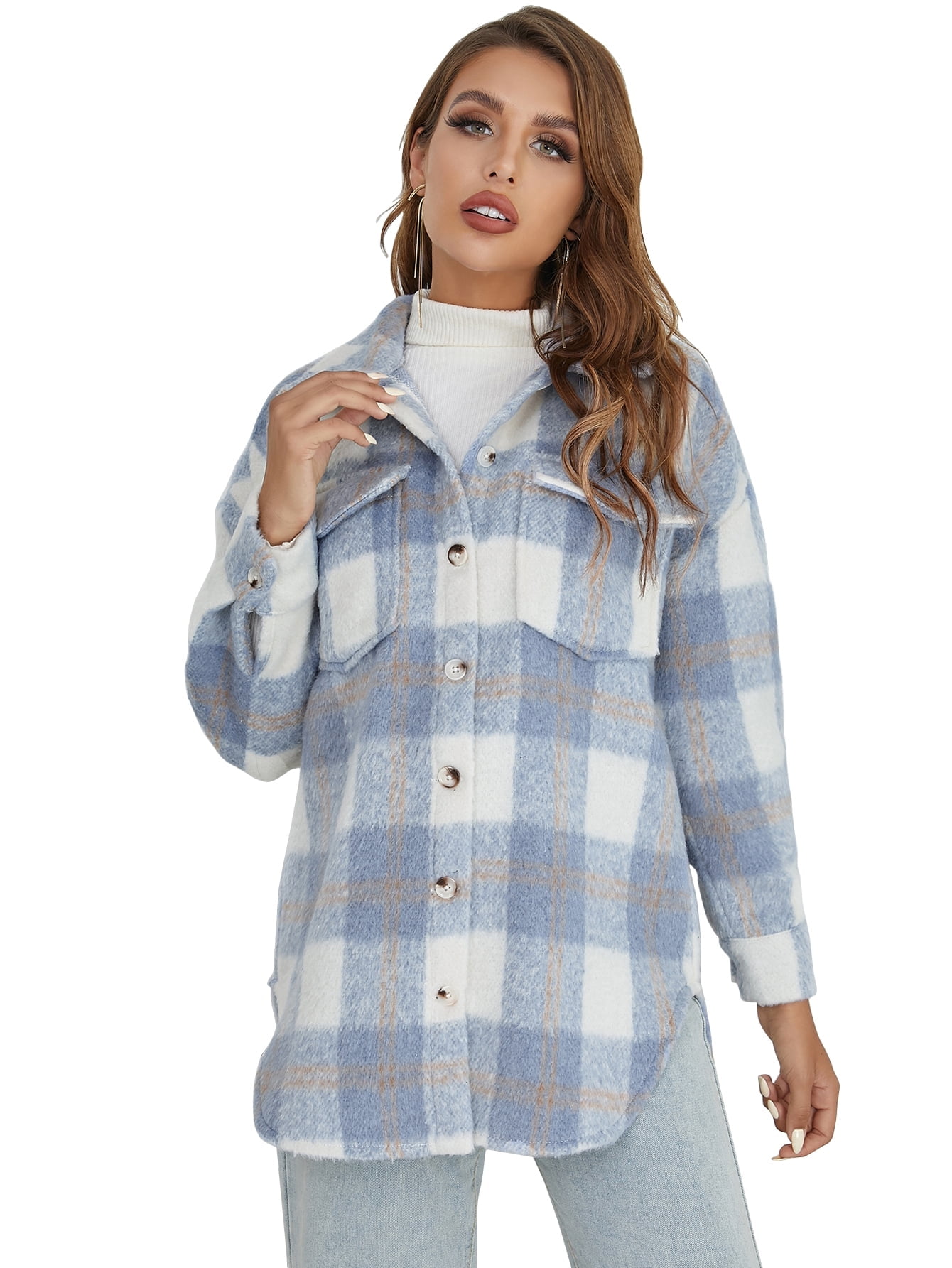 Eilly Bazar Plaid Overcoat for Women Long Sleeve Female Button Front ...